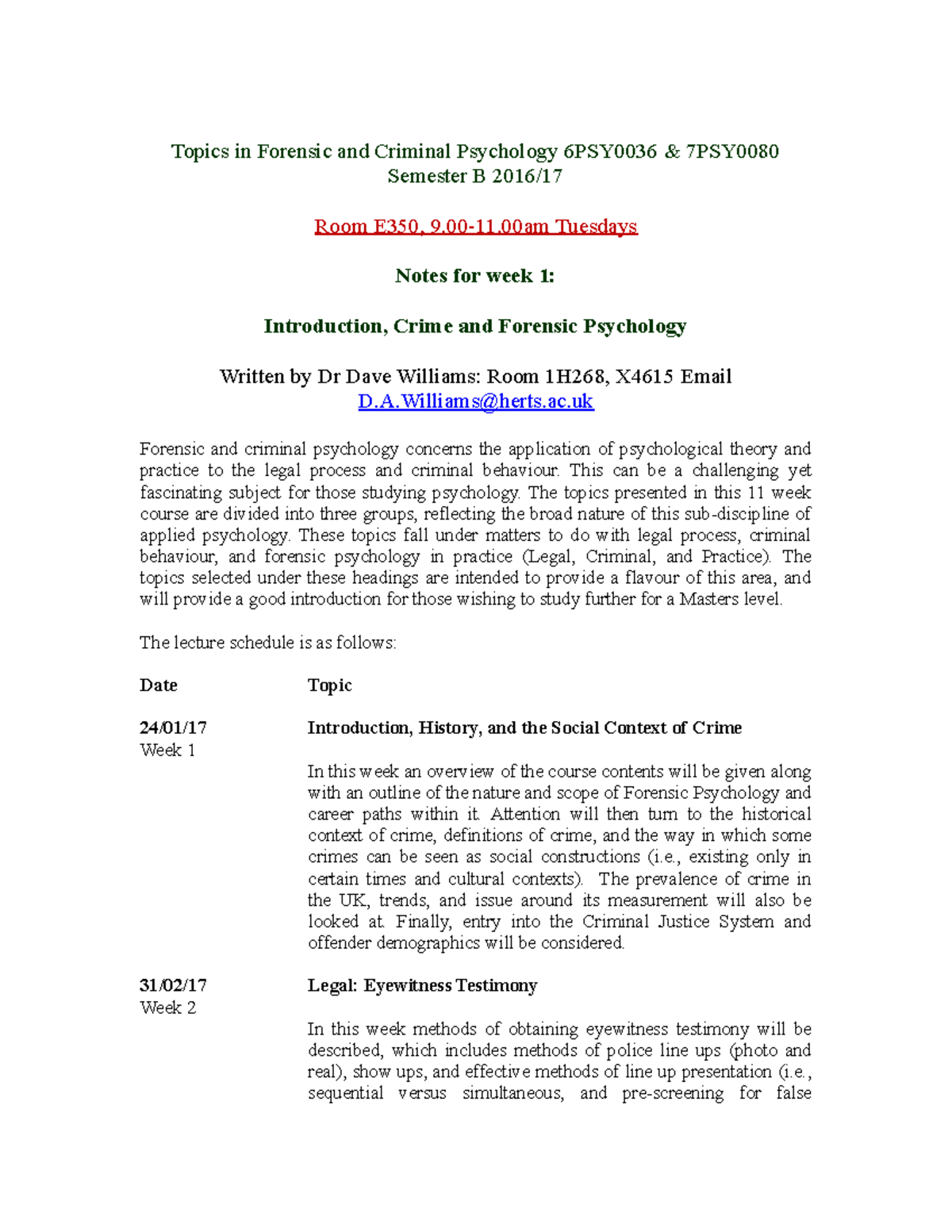 Crime and forensics week 1 - Topics in Forensic and Criminal Psychology ...