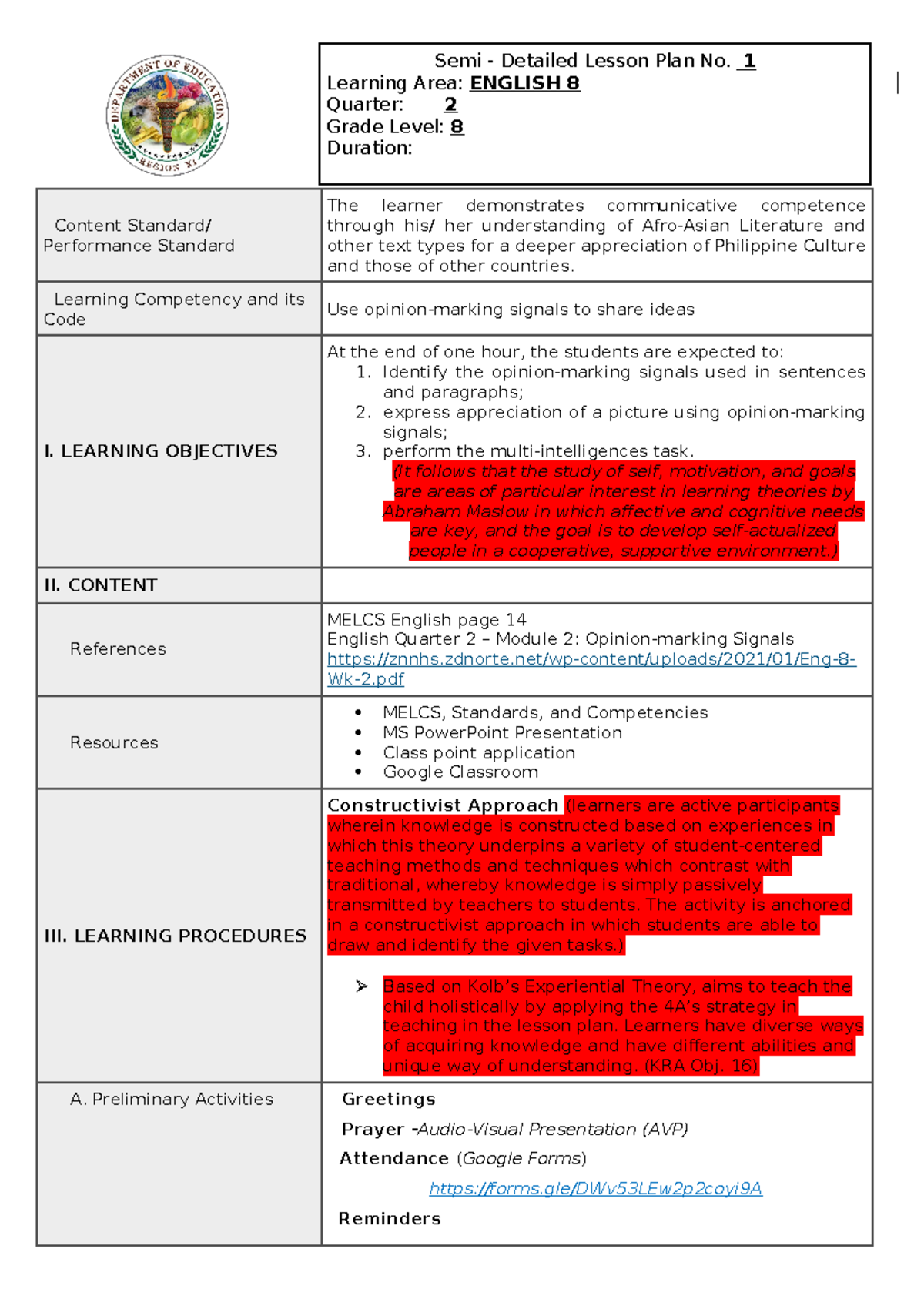 LP Grade 8 - Opinion-marking Signal - Content Standard/ Performance ...