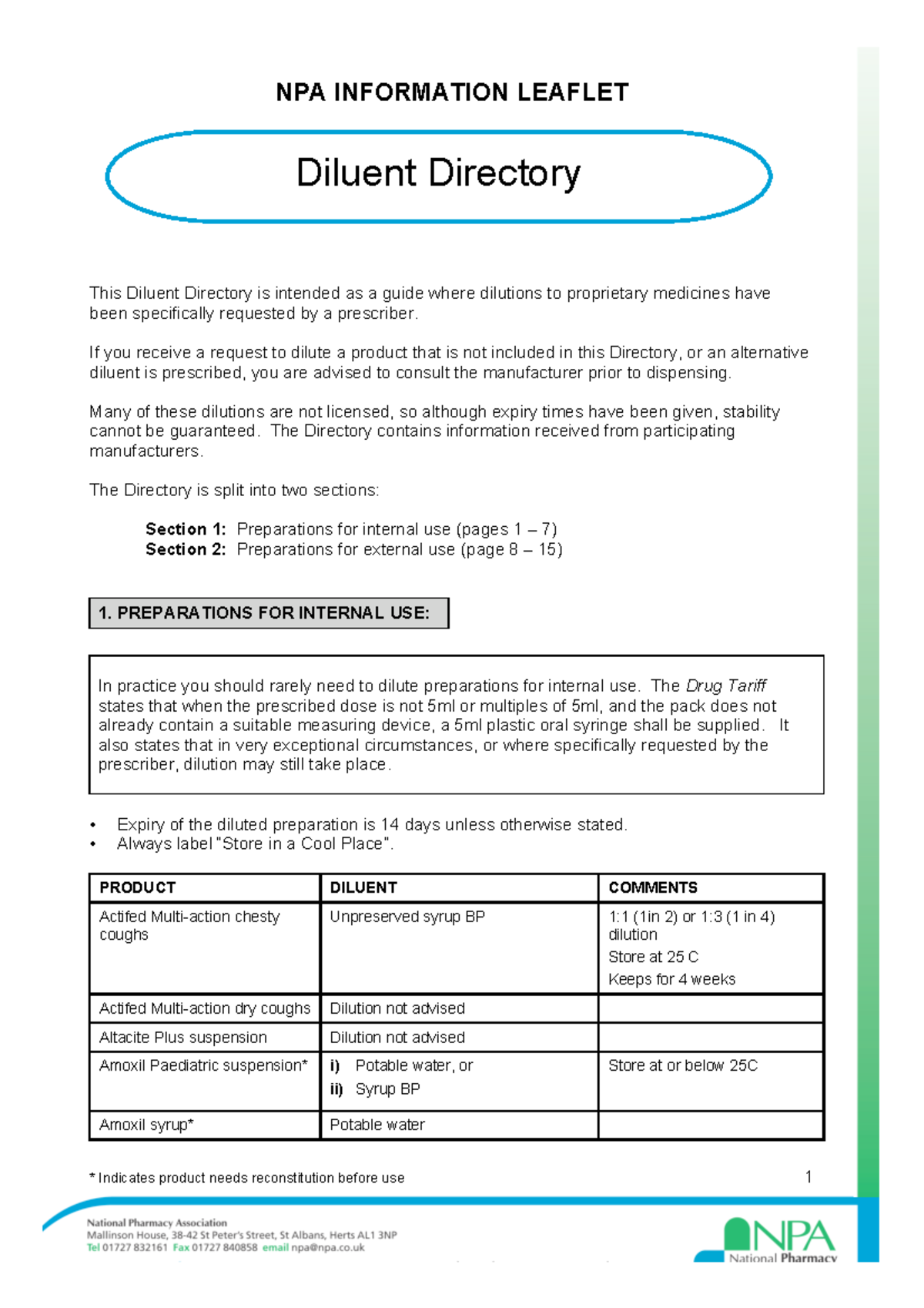 Diluent Directory INF034 - NPA INFORMATION LEAFLET This Diluent ...