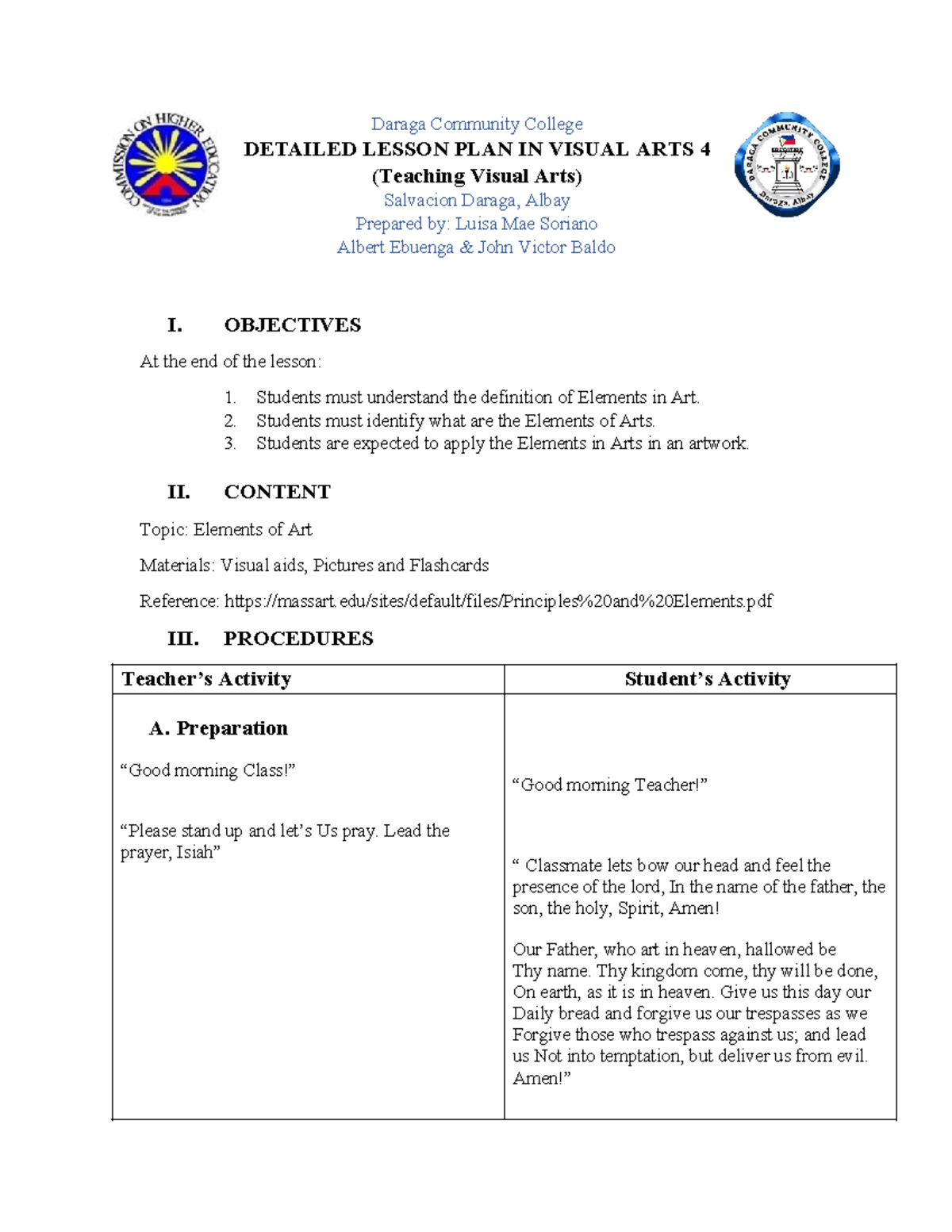 Visual Arts LP for merge - Daraga Community College DETAILED LESSON ...