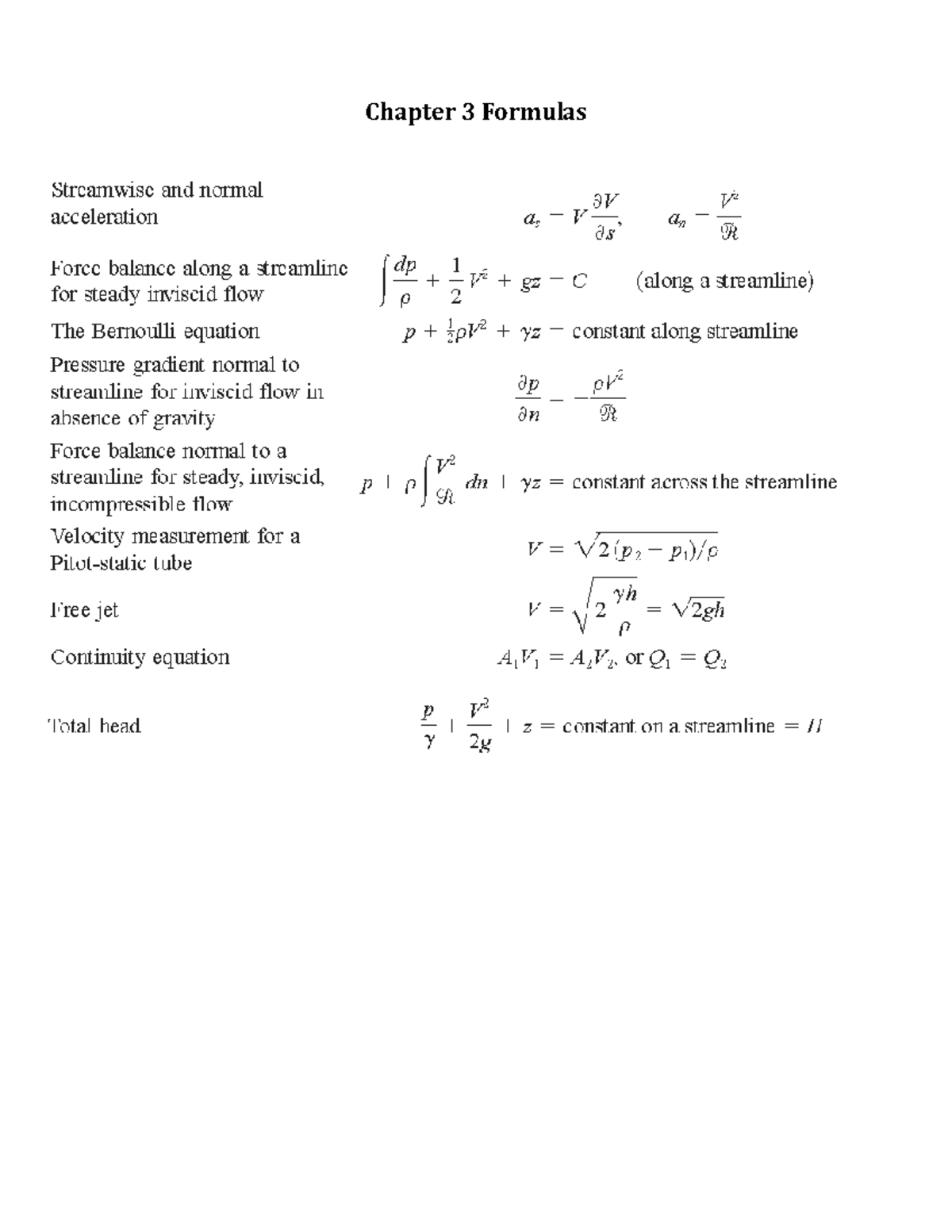 Chapter 3 Summary - Elementary Fluid Dynamics - The Bernoulli Equation ...
