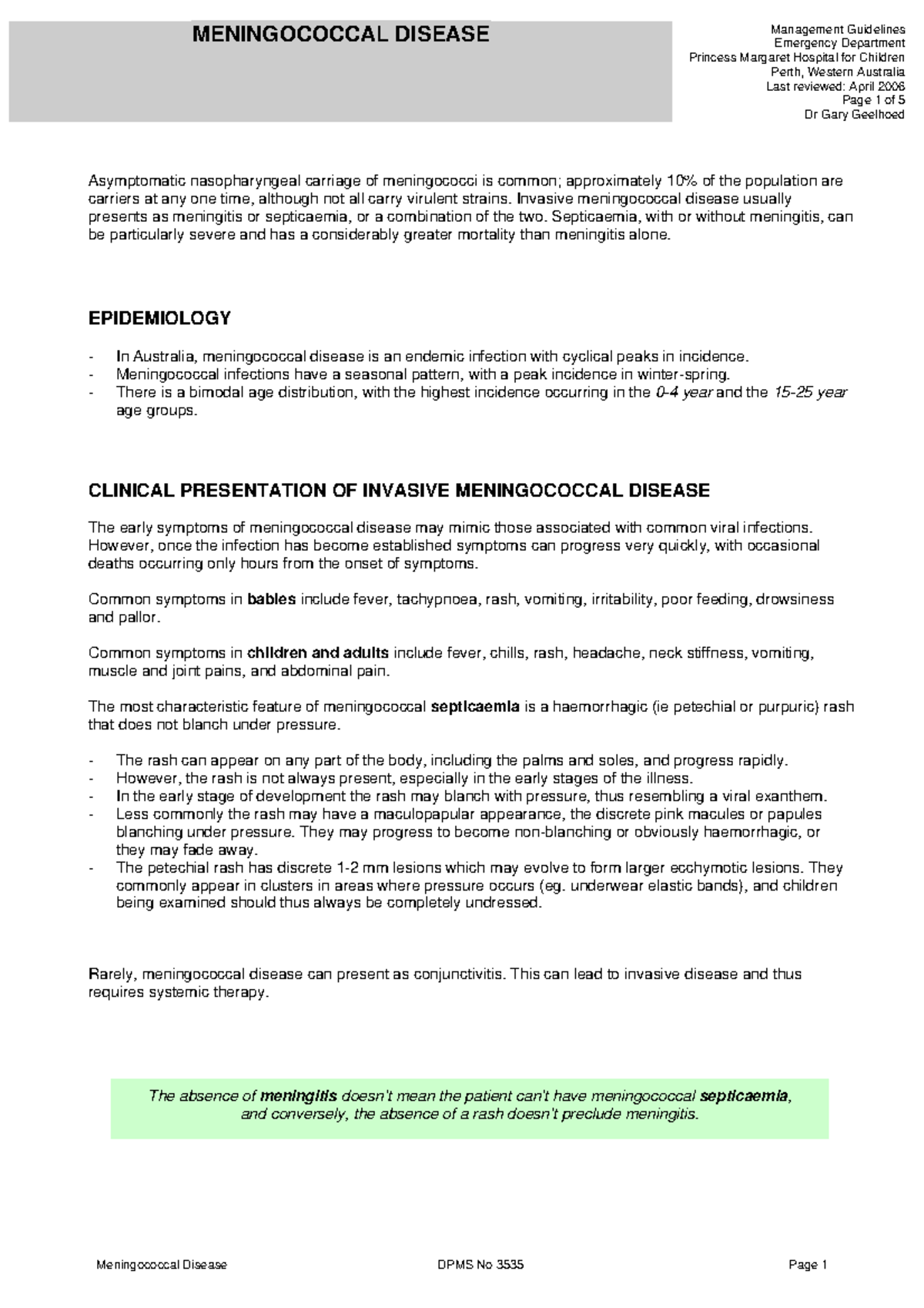 Pmh - meningococcal disease - MENINGOCOCCAL DISEASE Management ...