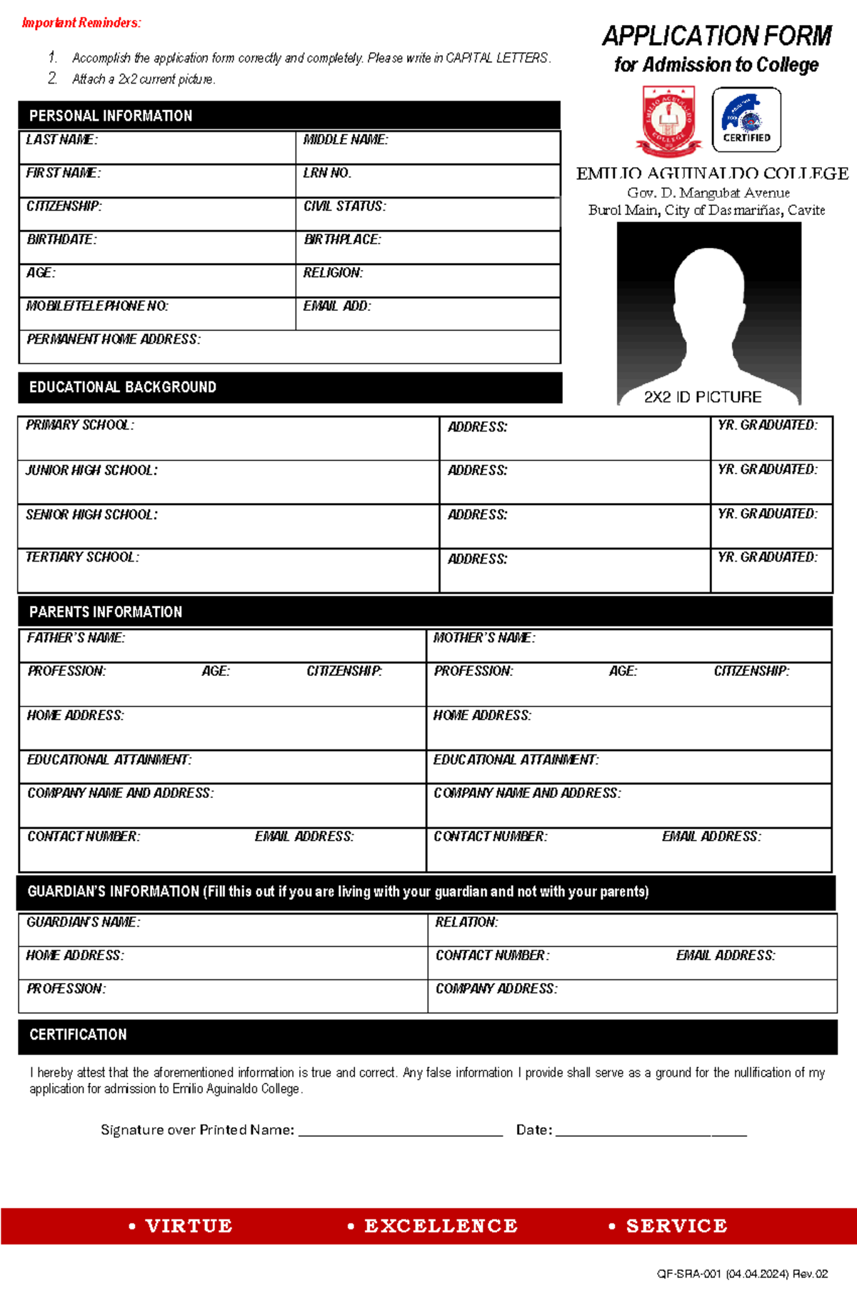 Application Form for Admission to College - QF-SRA-001 (04.04) Rev ...