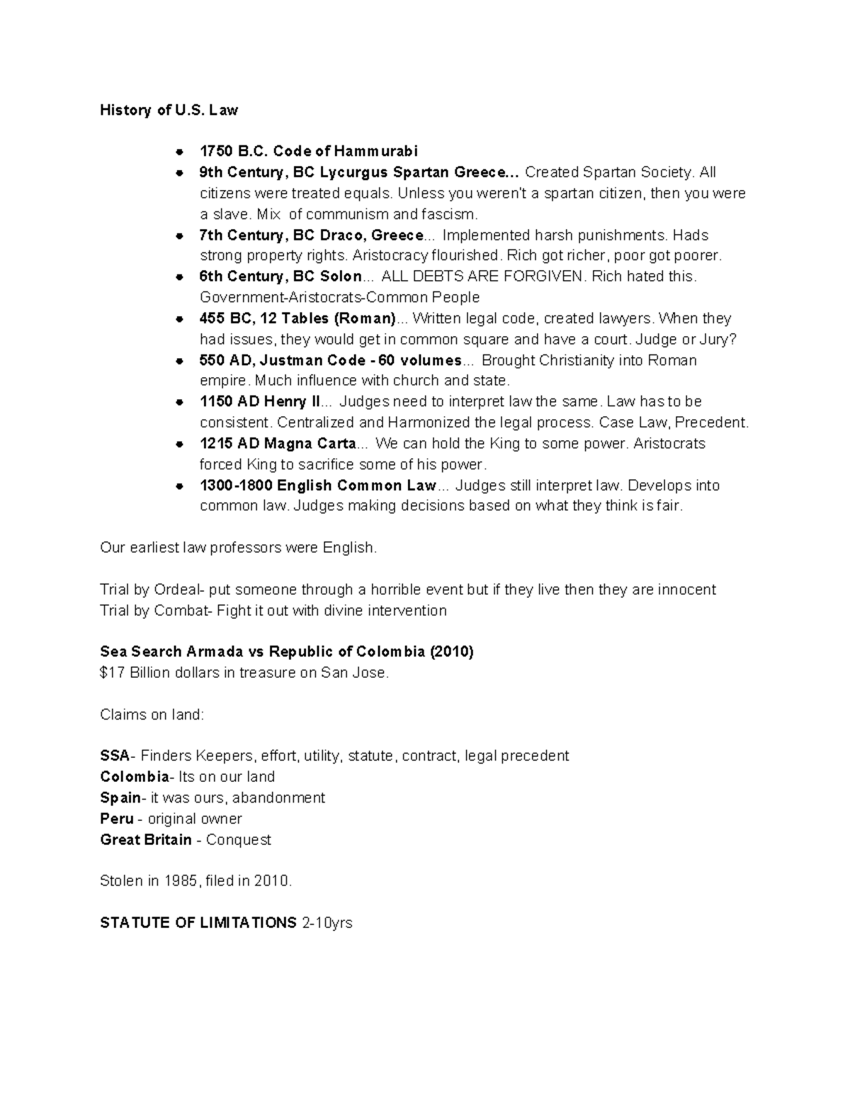 Legal Notes - Matt Roessing - History of U. Law 1750 B. Code of ...