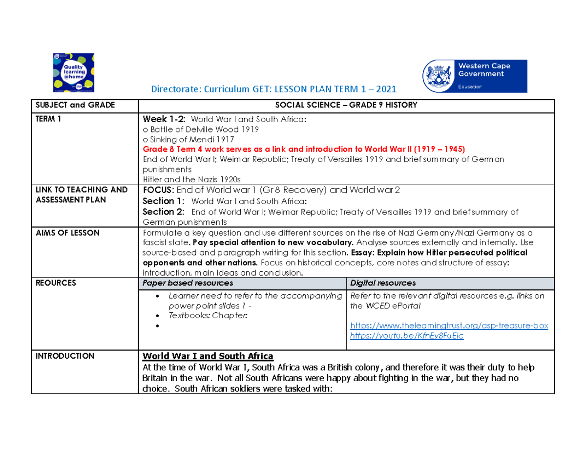 Lesson Plan SP Grade 9 SS History T1 W1 - Directorate: Curriculum GET ...