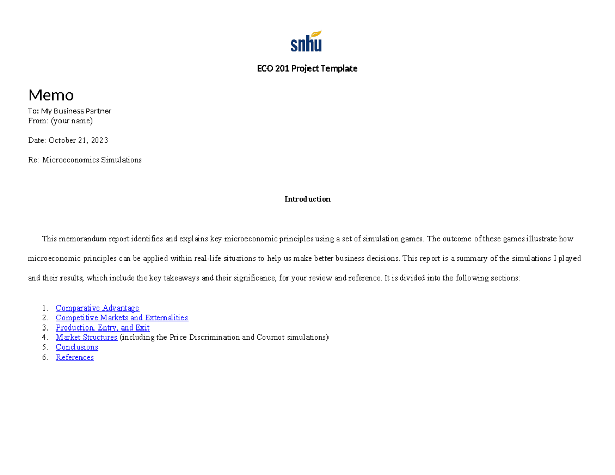 ECO 201 8-1 Project Template - ECO 201 Project Template Memo To: My ...