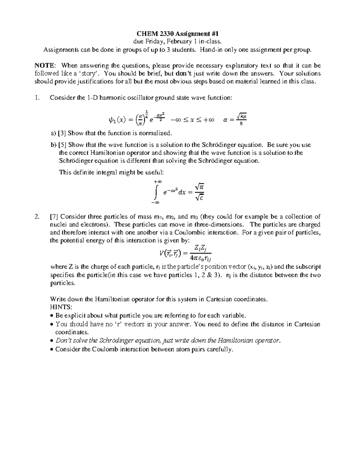 Assignment 1 phys chem - CHEM 2330 Assignment # due Friday, February 1 ...