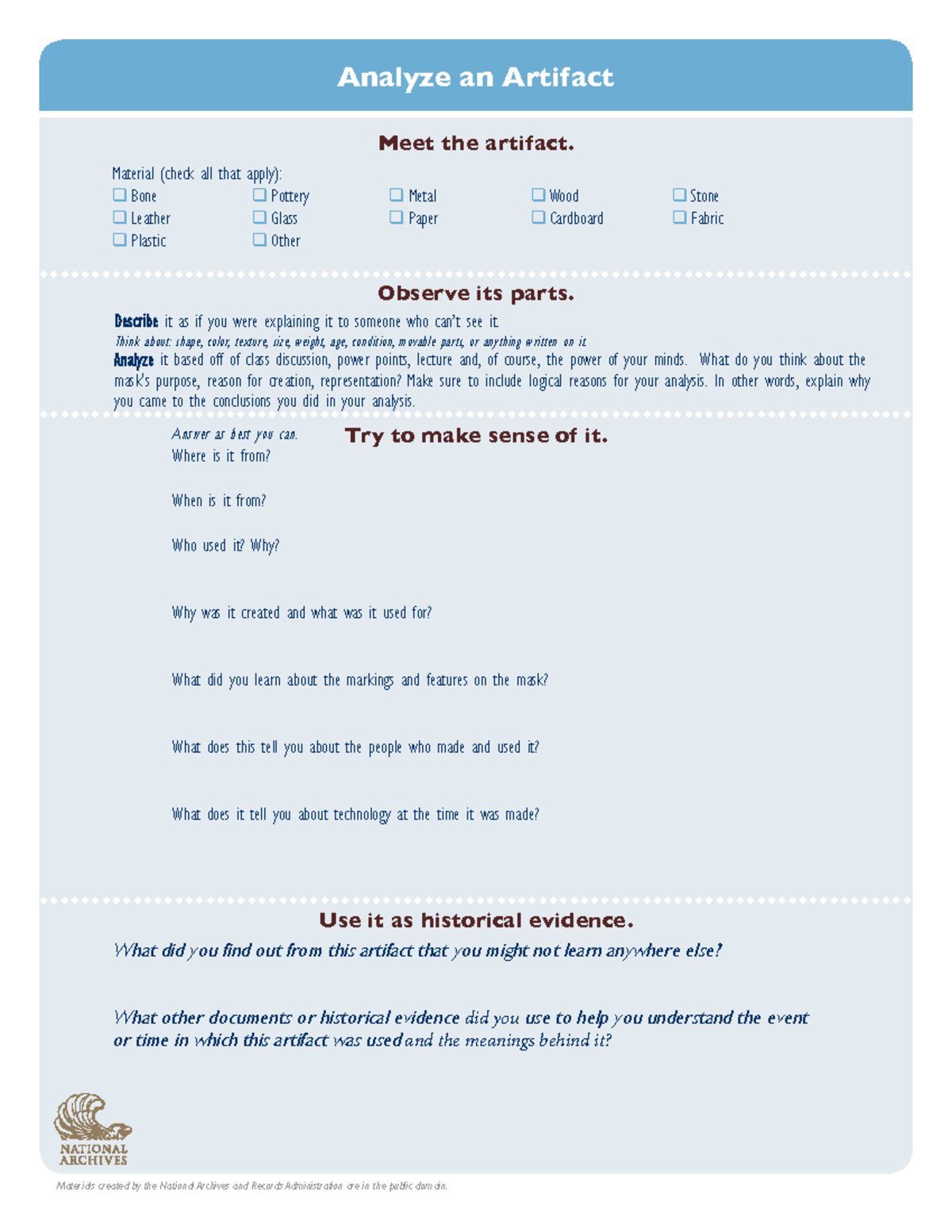 Analyze an Artifact - primary research - Materials created by the ...