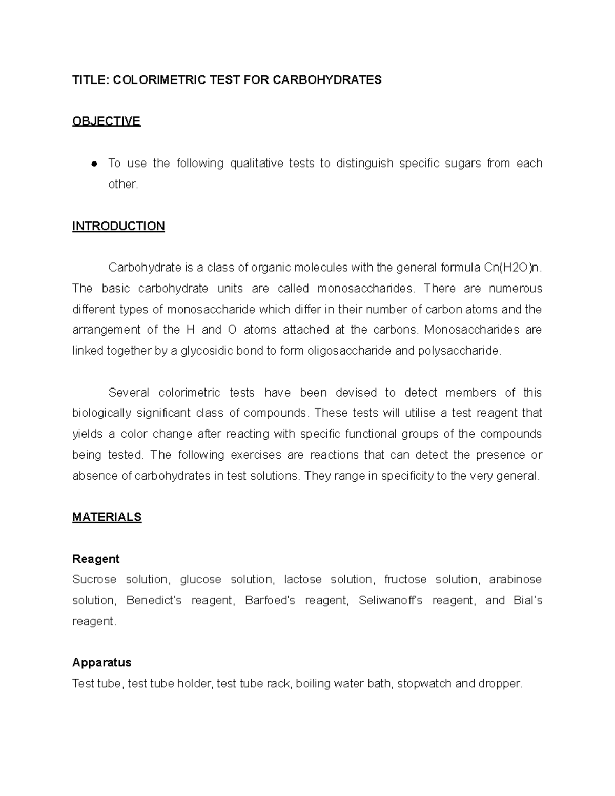 Lab report 3 - lab 3 - TITLE: COLORIMETRIC TEST FOR CARBOHYDRATES ...