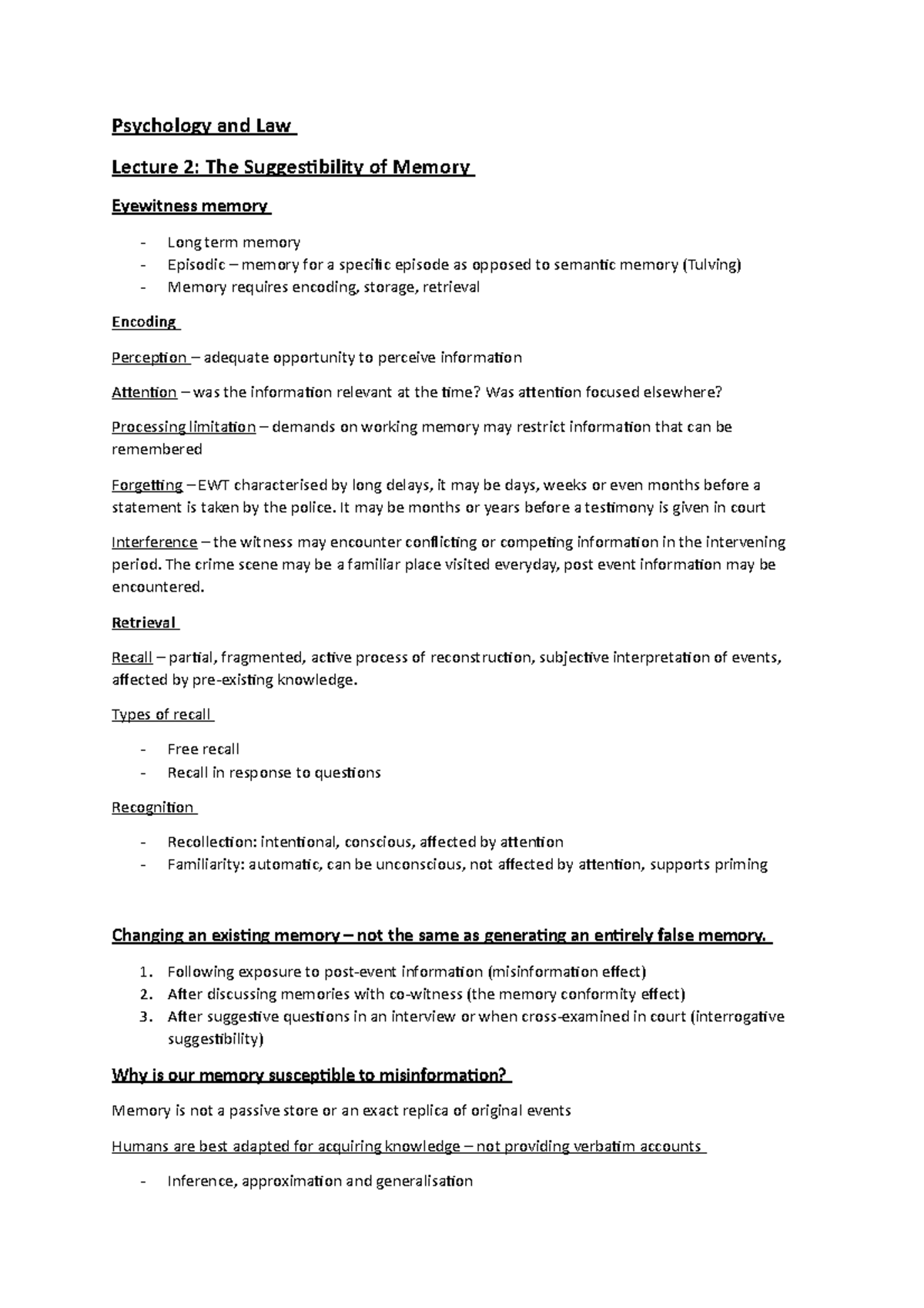 Suggestibility of memory overview - Psychology and Law Lecture 2: The ...