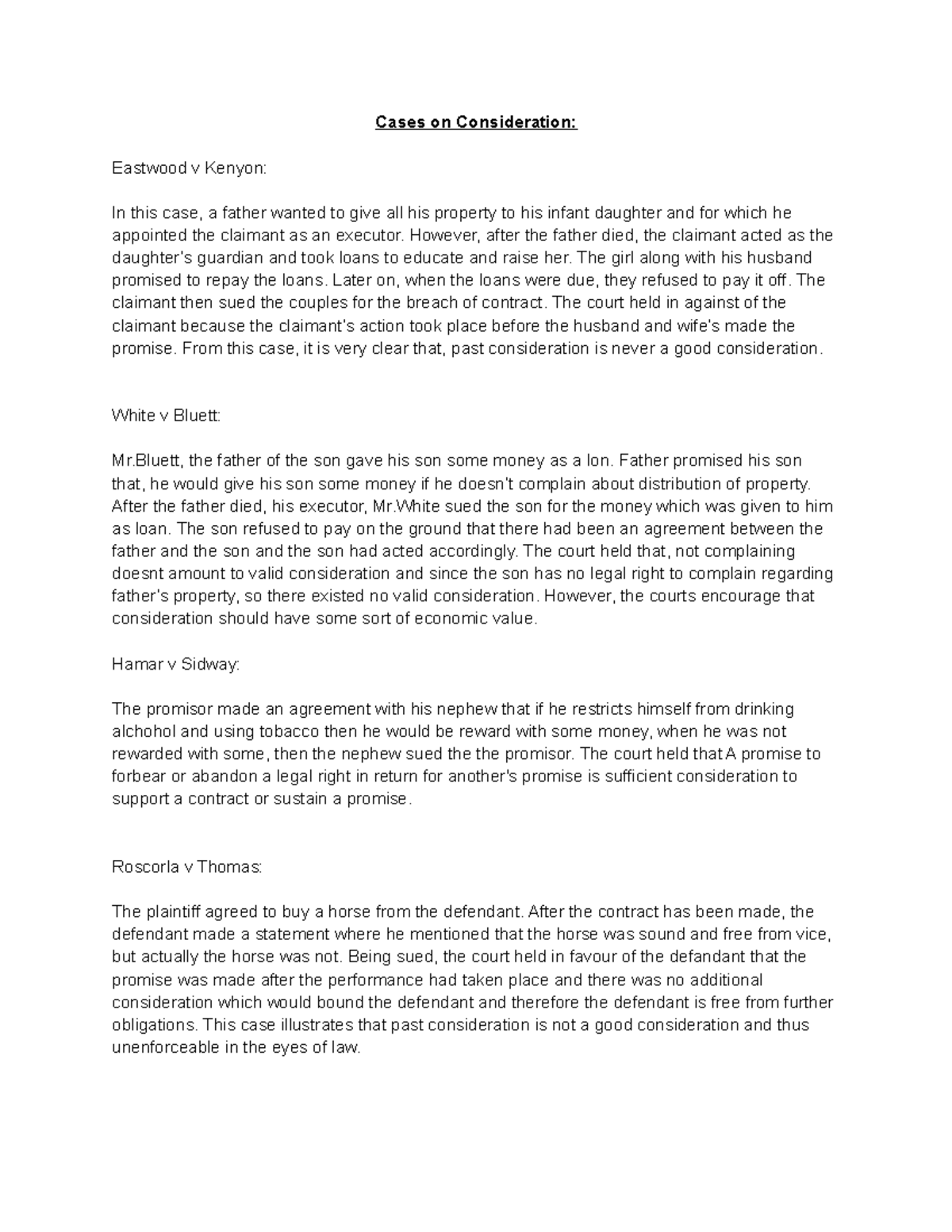 Cases- Consideration - Contract Law - Cases on Consideration: Eastwood ...