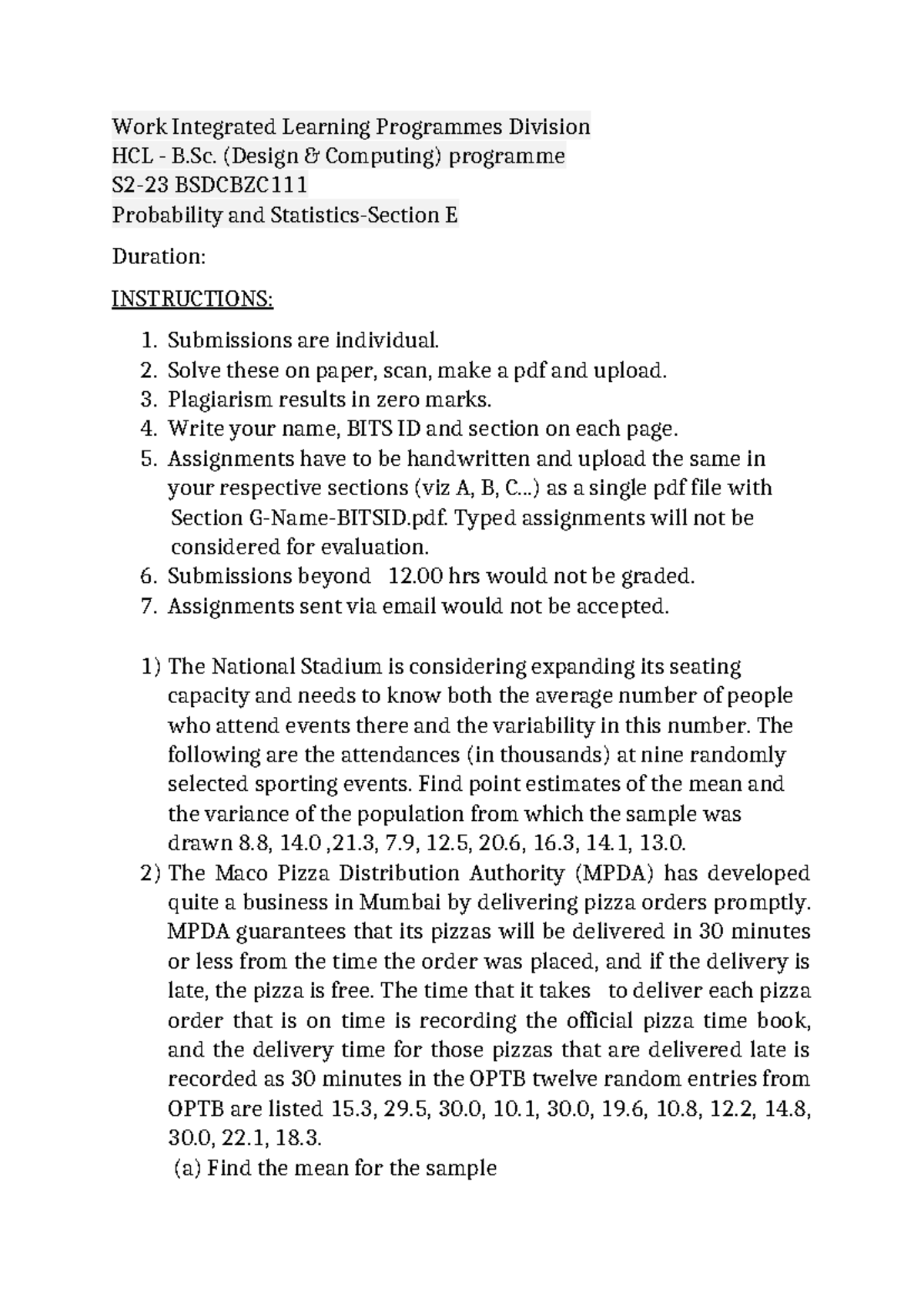 Assignment for probability and statistics - Work Integrated Learning ...