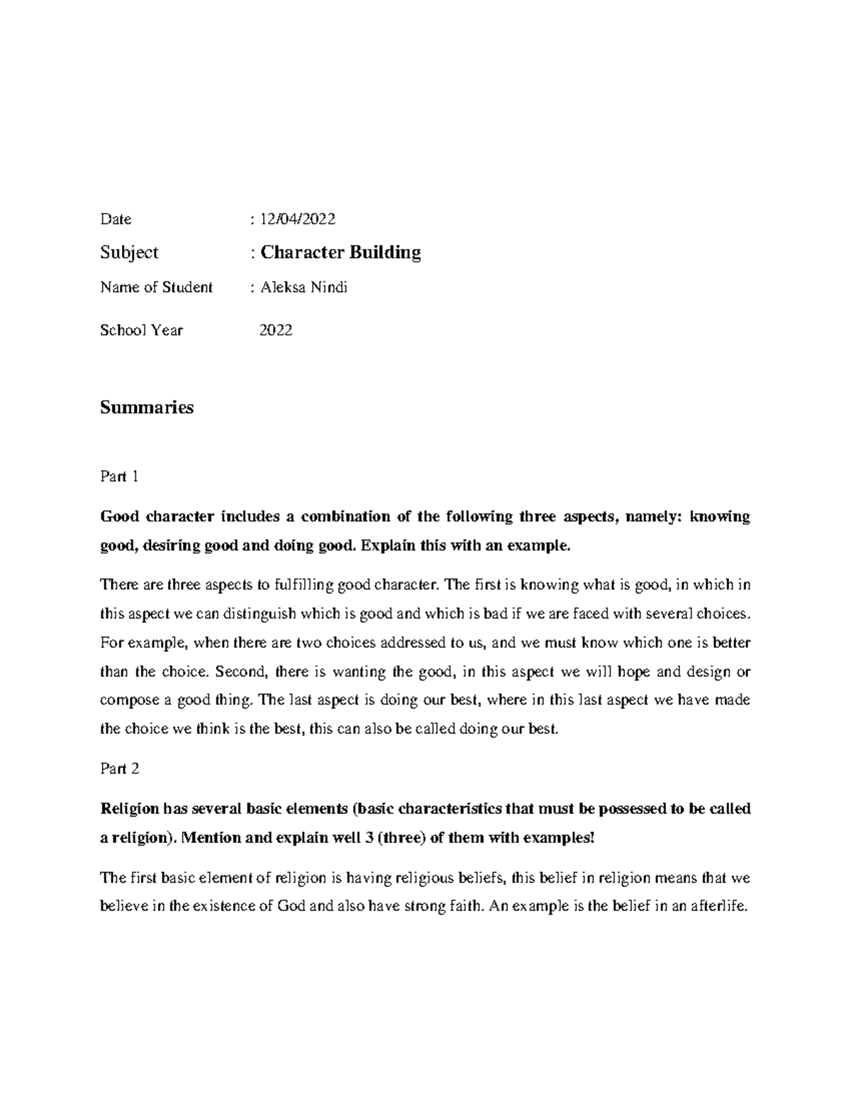 Character Building Summaries 1 - Date : 12/04/ Subject : Character ...