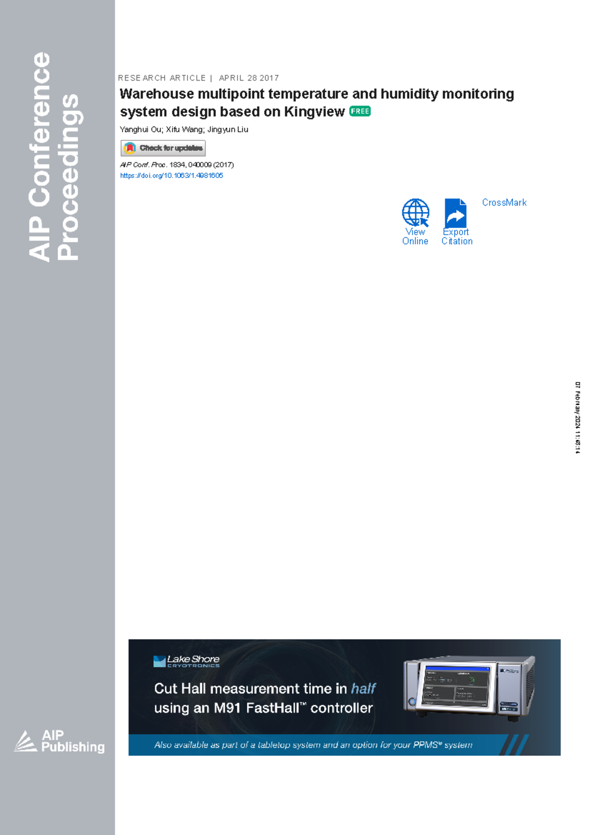 Warehouse multipoint temperature and humidity monitoring - Proc. 1834 ...