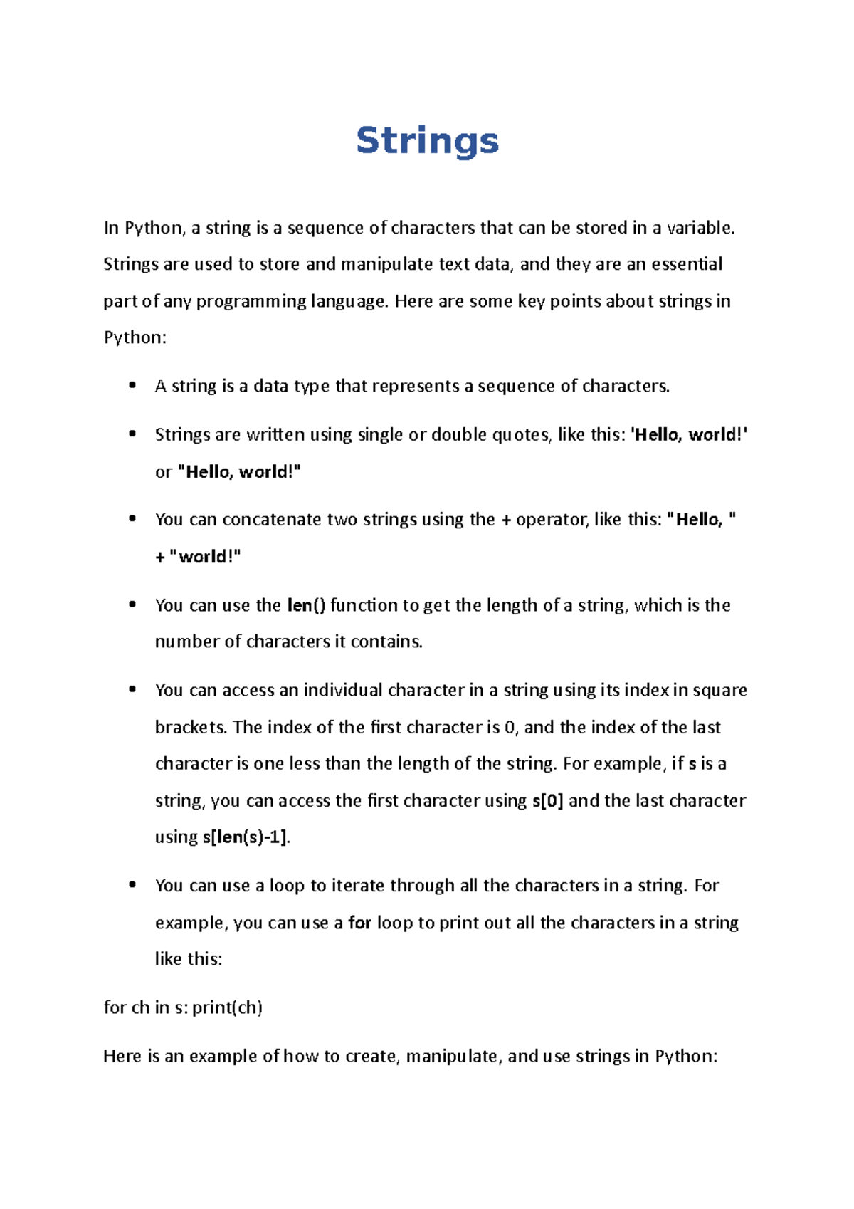 DSA02 - String Notes - Strings In Python, a string is a sequence of ...