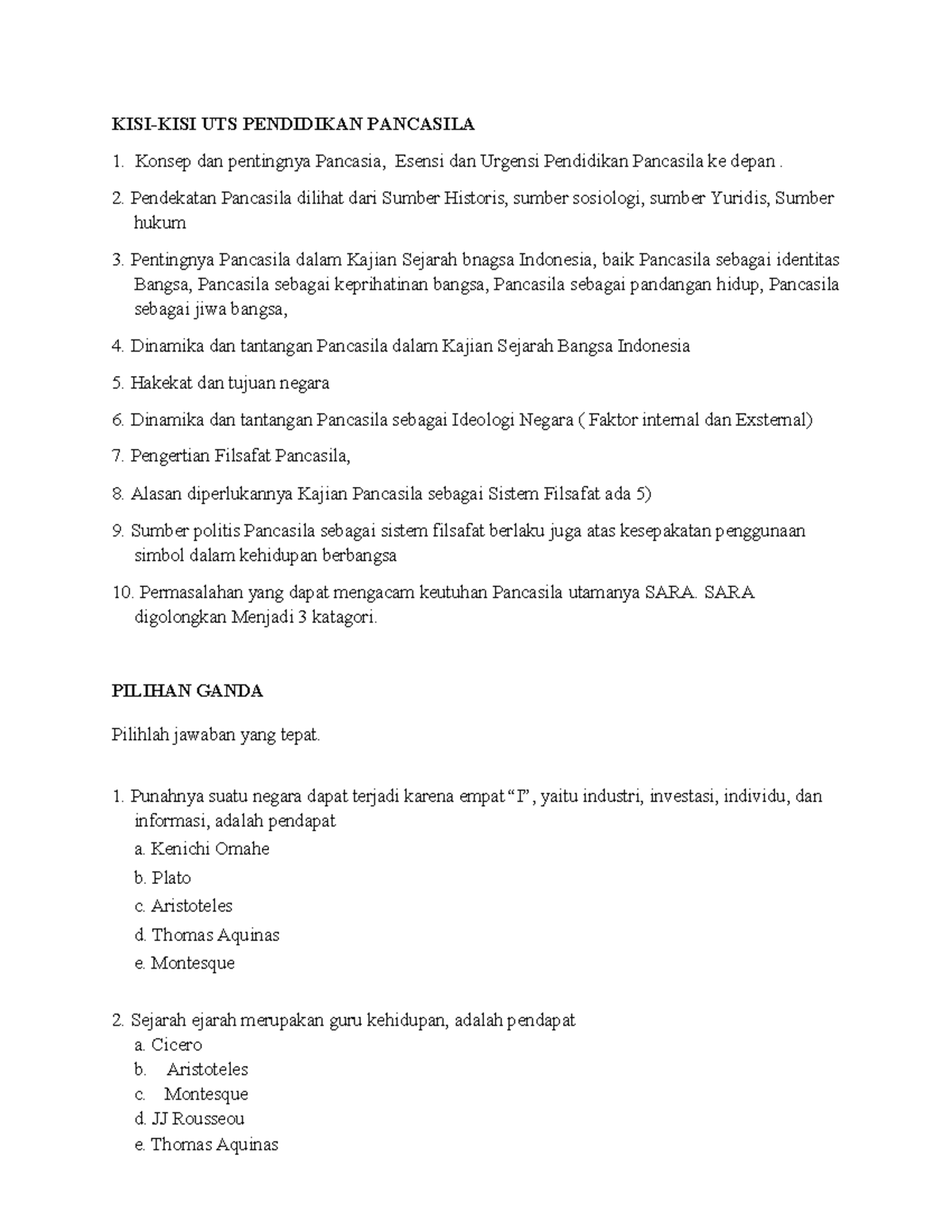 Quiz P7 - lovee - KISI-KISI UTS PENDIDIKAN PANCASILA Konsep dan pentingnya Pancasia, Esensi dan ...