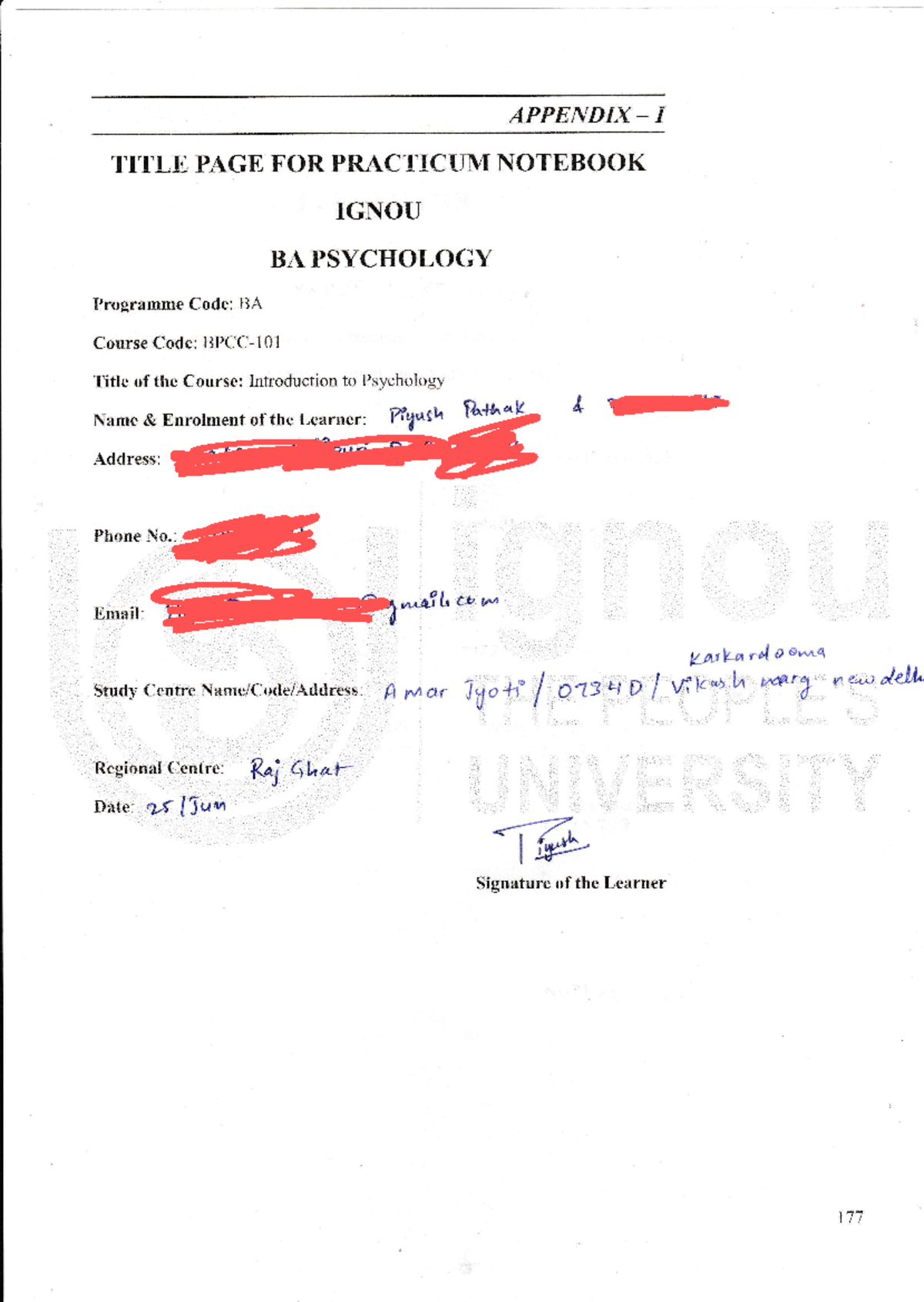 BPCC-101 Piyush Pathak copy - APPENDIX _ I TITLE PAGE FOR PRACTICUM NOTEBOOK IGNOU BA PSYCHOLOGY ...