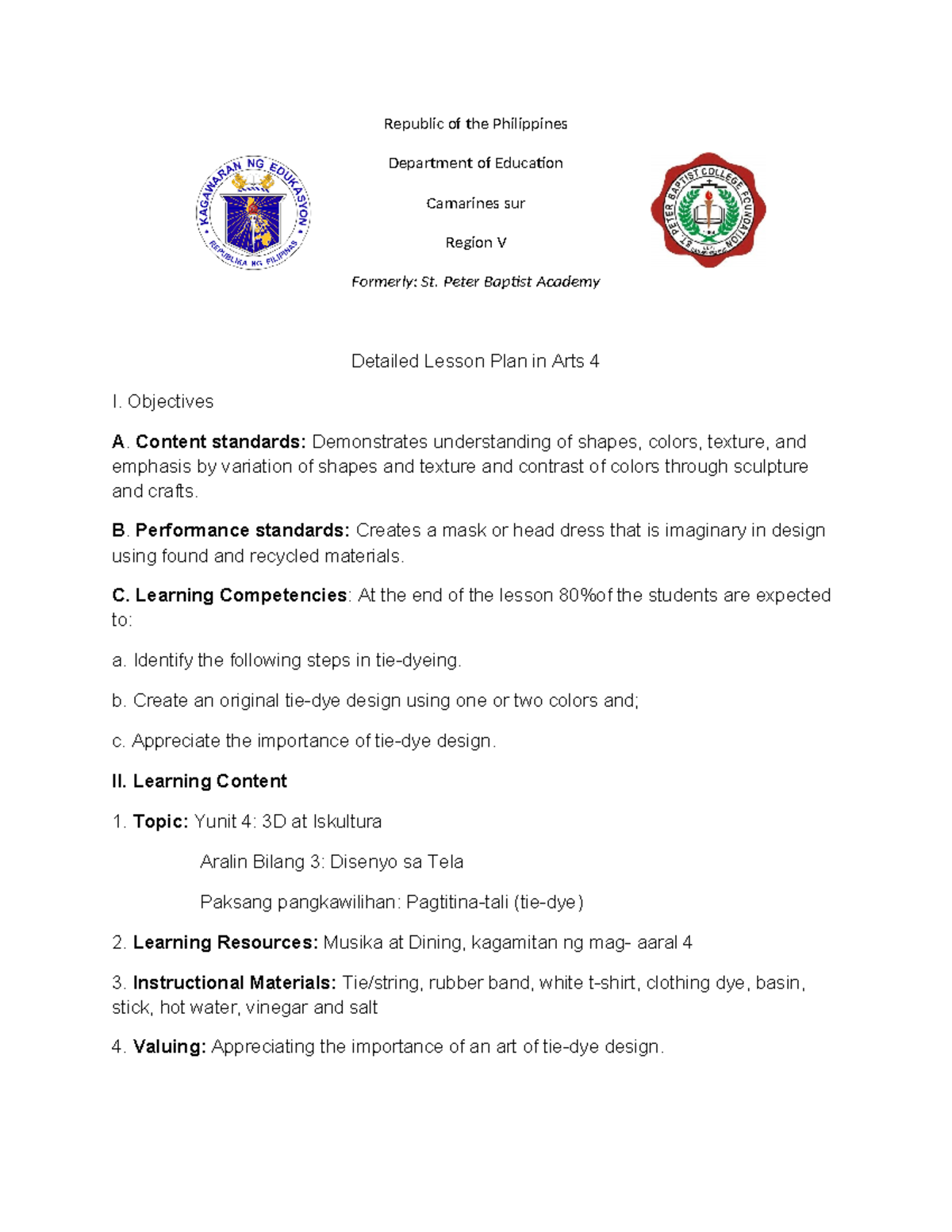 Detailed Lesson Plan in Arts 4-WPS Office - Republic of the Philippines ...