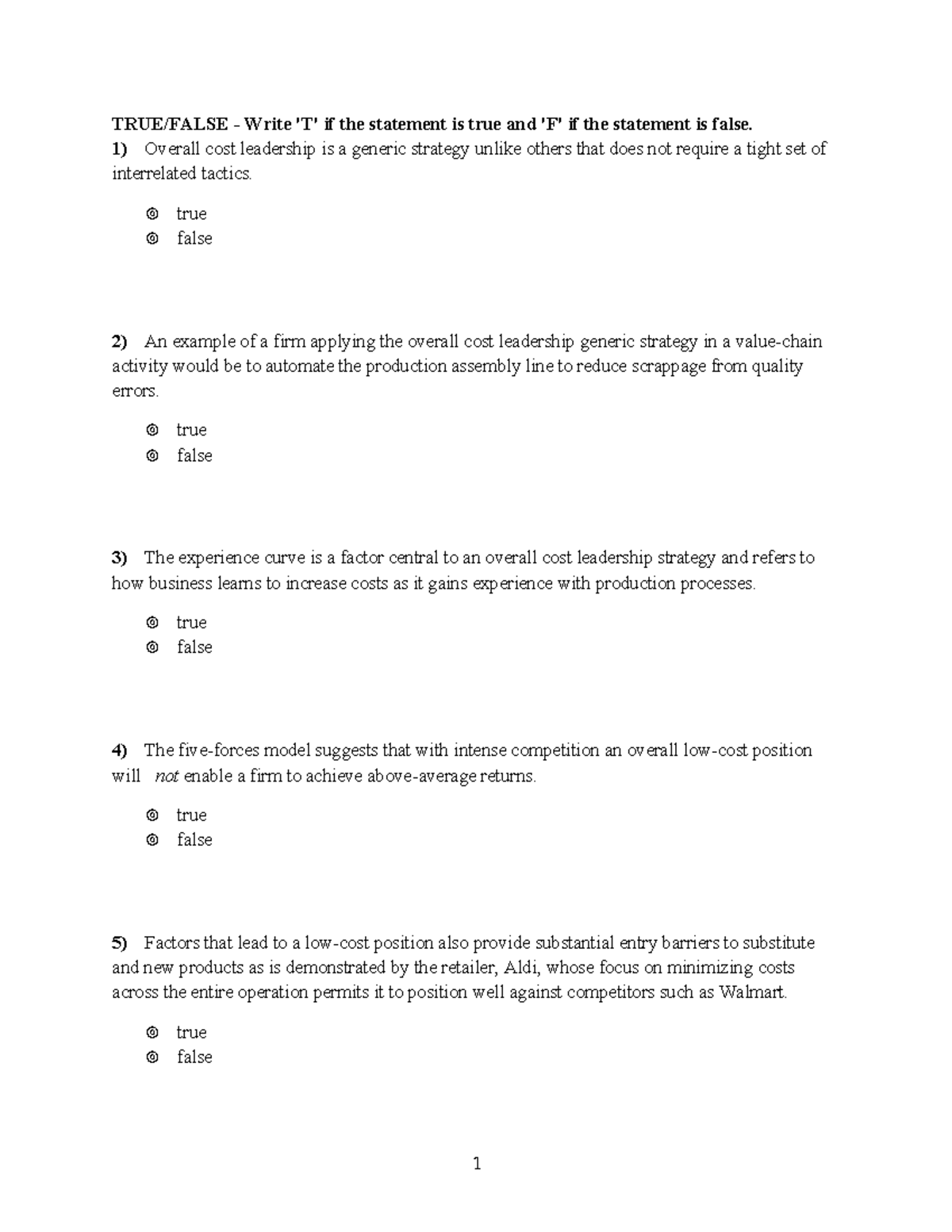 Chapter 5 - Answer key of the exercise - TRUE/FALSE - Write 'T' if the statement is true and 'F ...