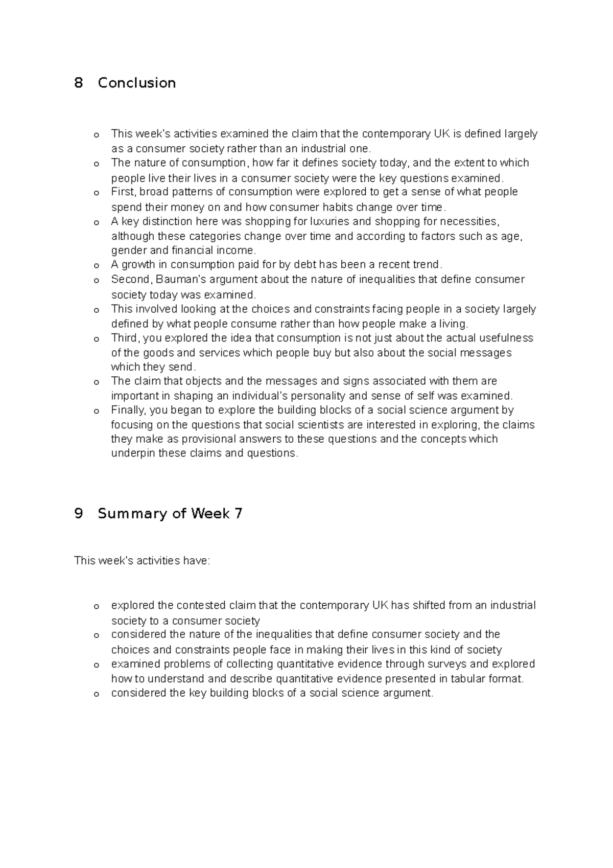 DD102 week 7 - 8 conclusion, 9 summary of week 7 - 8 Conclusion o This ...