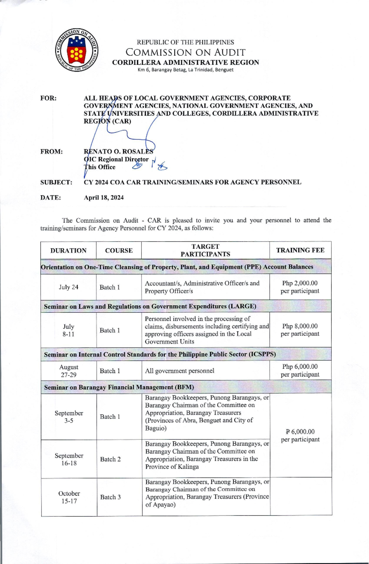 04.18.2024 CY 2024 COA CAR Training or Seminars for Agency Personnel (1 ...
