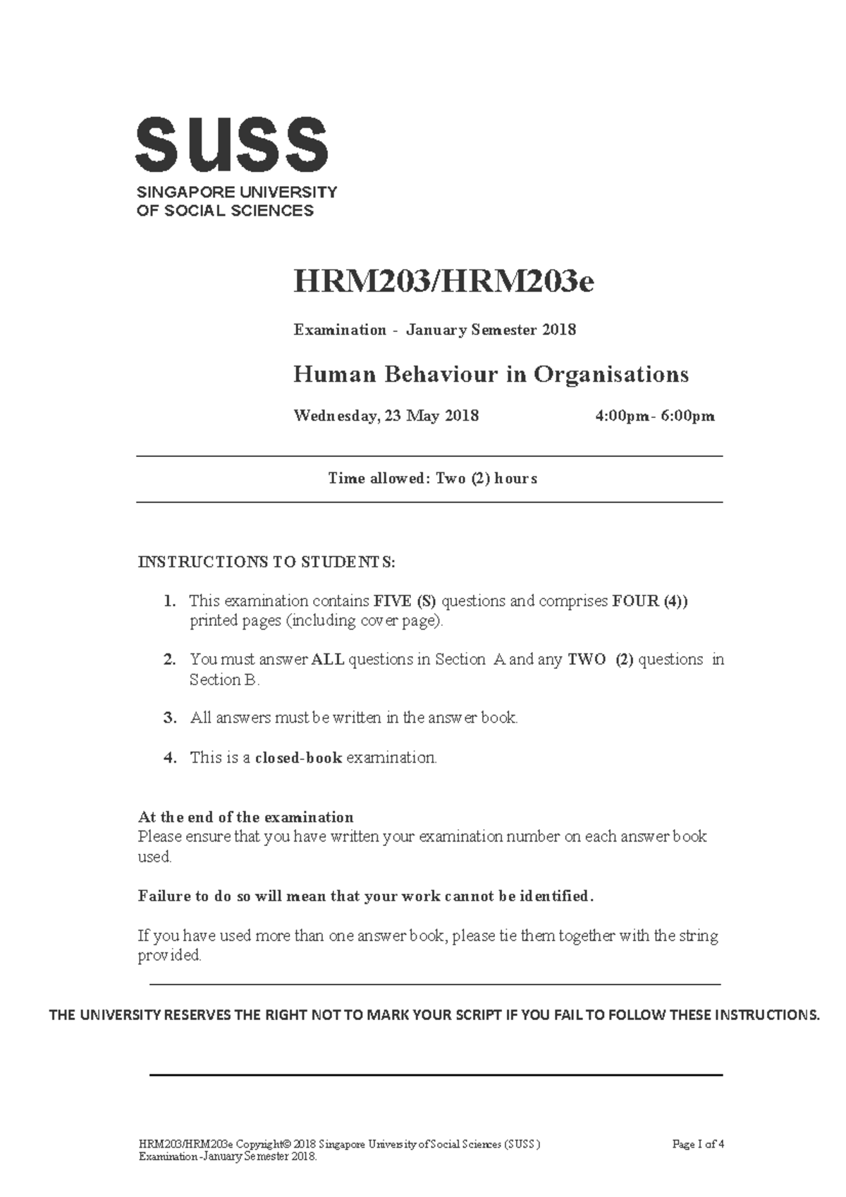 Exam 2018 - suss HRM203/HRM203e Copyright© 2018 Singapore University of ...