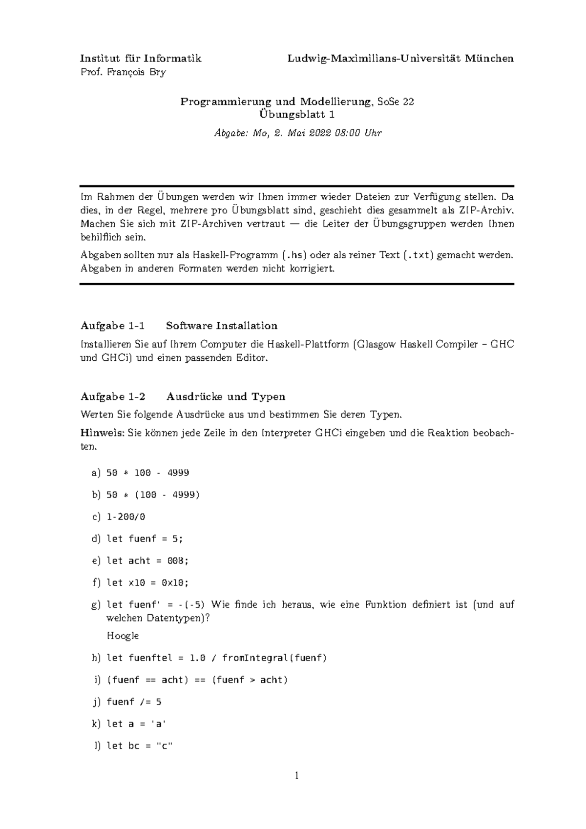 Ü1 - Programmierung und Modellierung Übungsblatt - Institut für ...