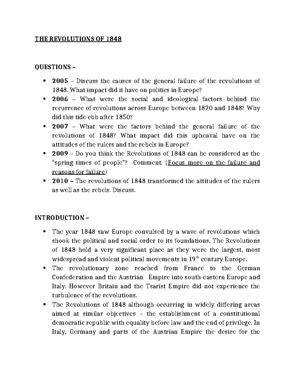 Revolutions 1848 comprehensive - THE REVOLUTIONS OF 1848 QUESTIONS ...