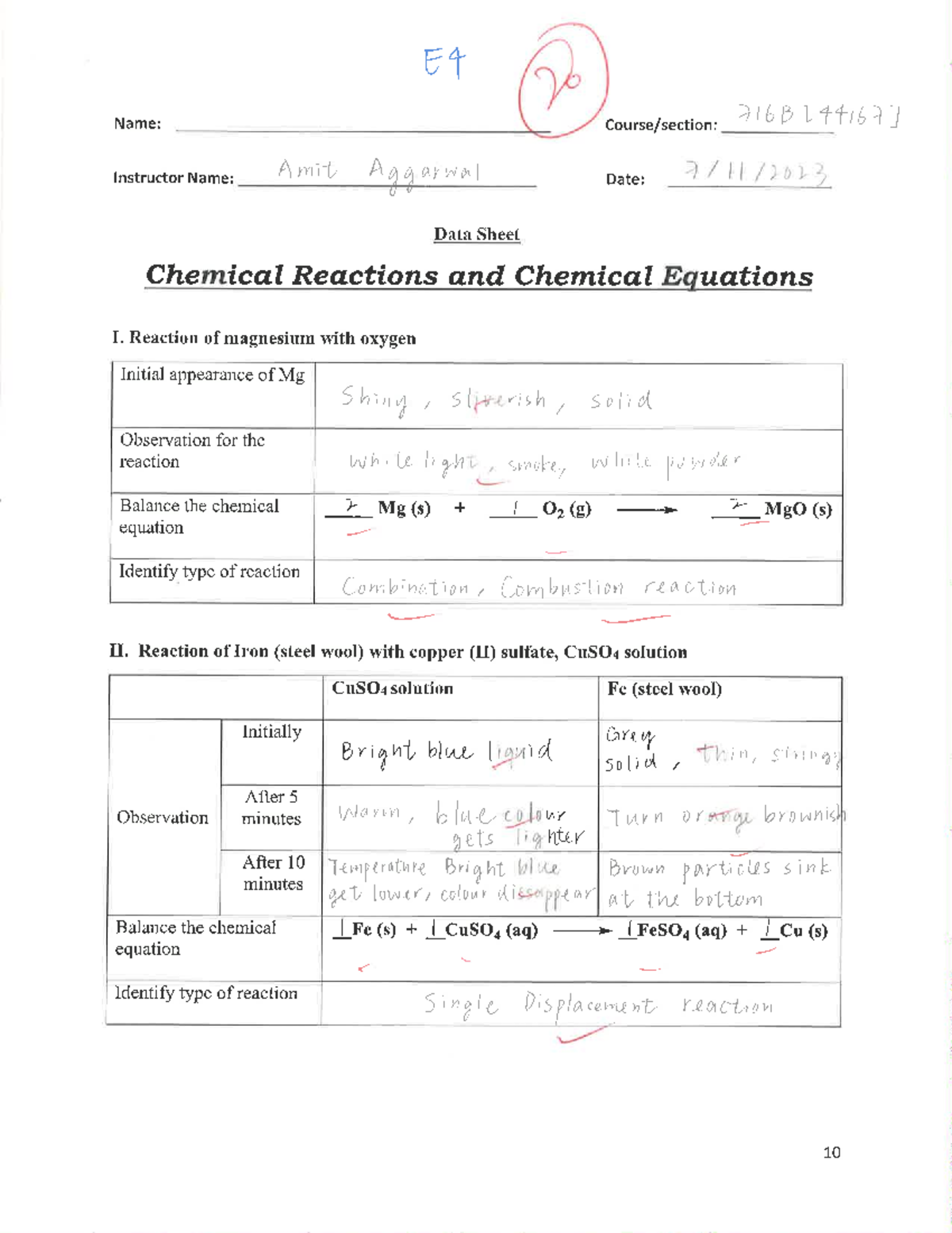 Lab 4 Chemical Reaction and Chemical Equation - SCC 110 - Studocu