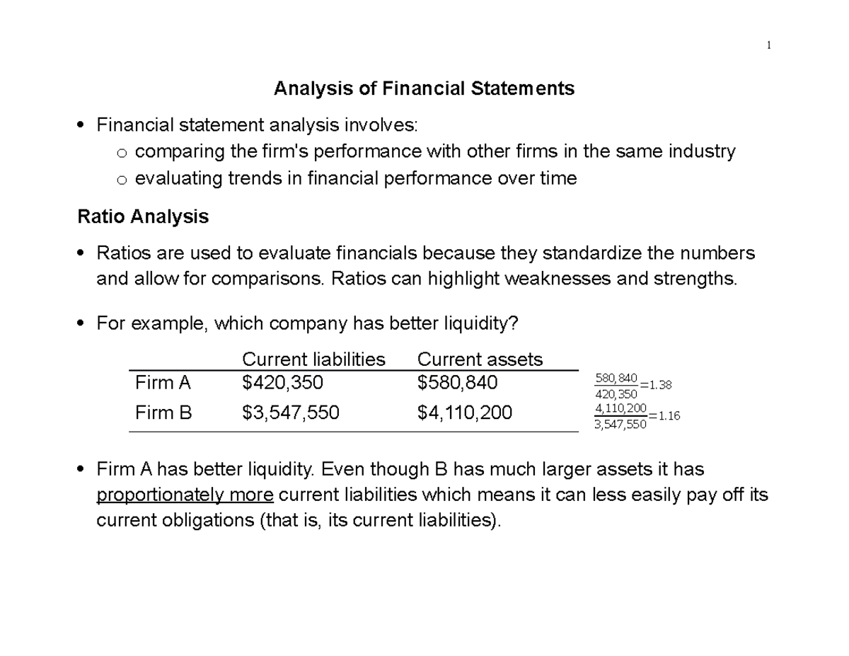 Analysis of Financial Statements - Ratios can highlight weaknesses and ...
