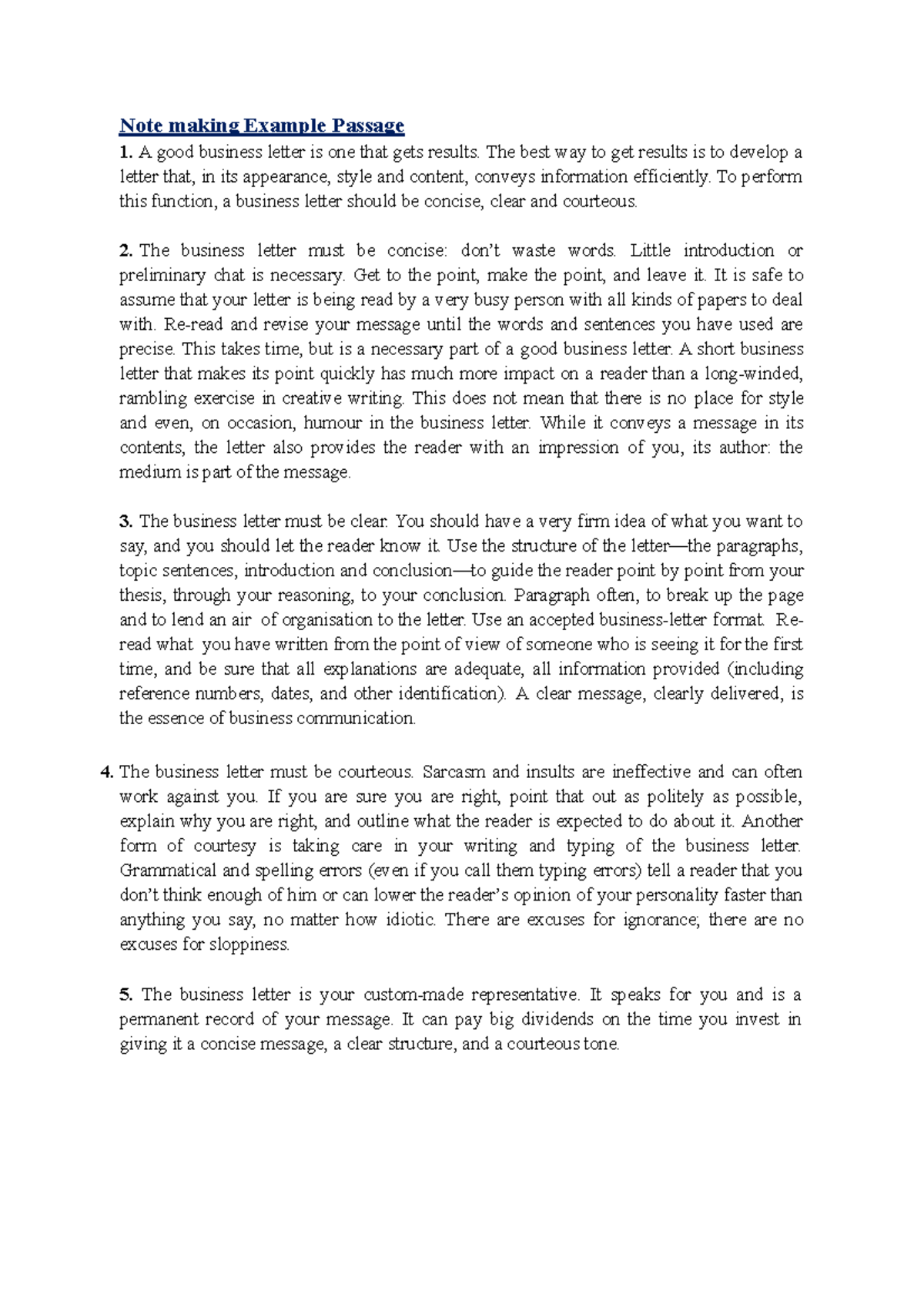 Print - Note making Example Passage A good business letter is one that ...