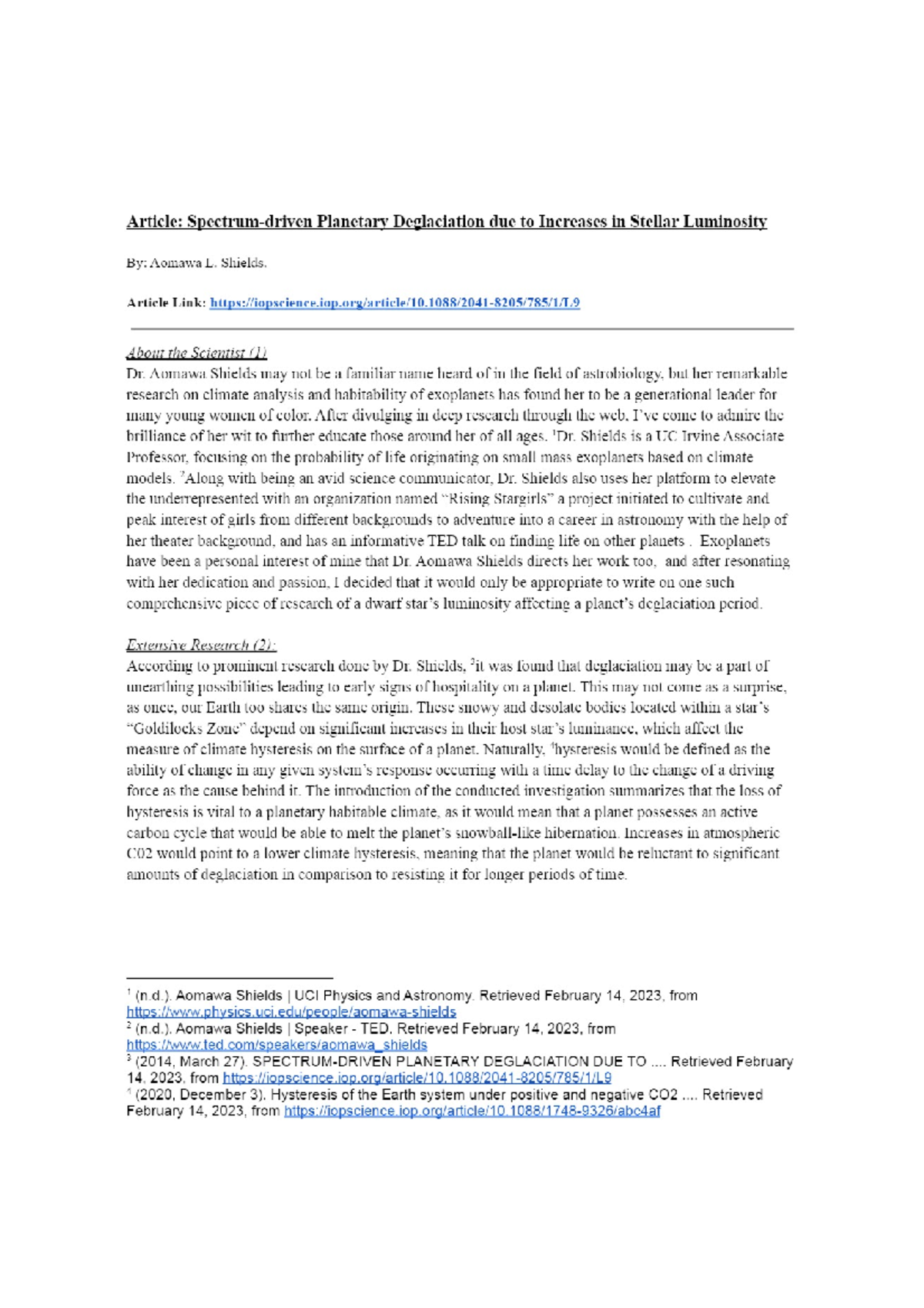 Sample Scientist Spotlight - Research Article - Astron 1F03 - Studocu