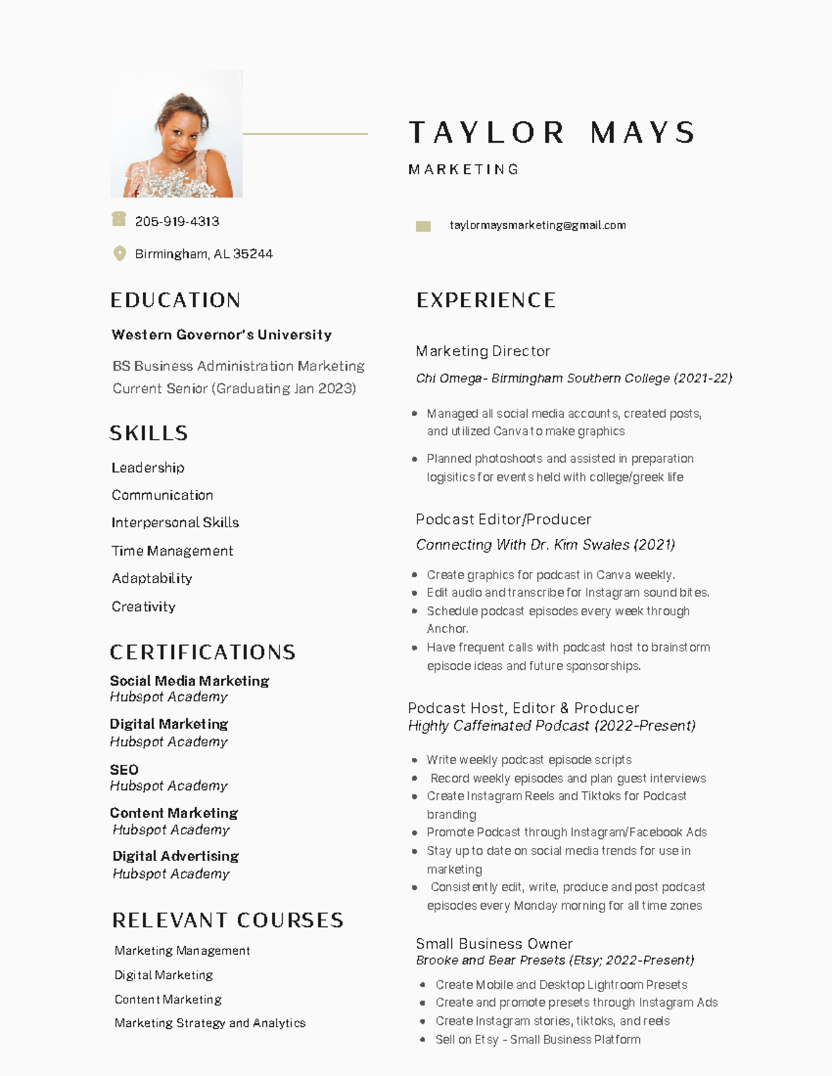 Taylor MAYS- Entry Level Marketing Resume (08 - Marketing Director M A ...