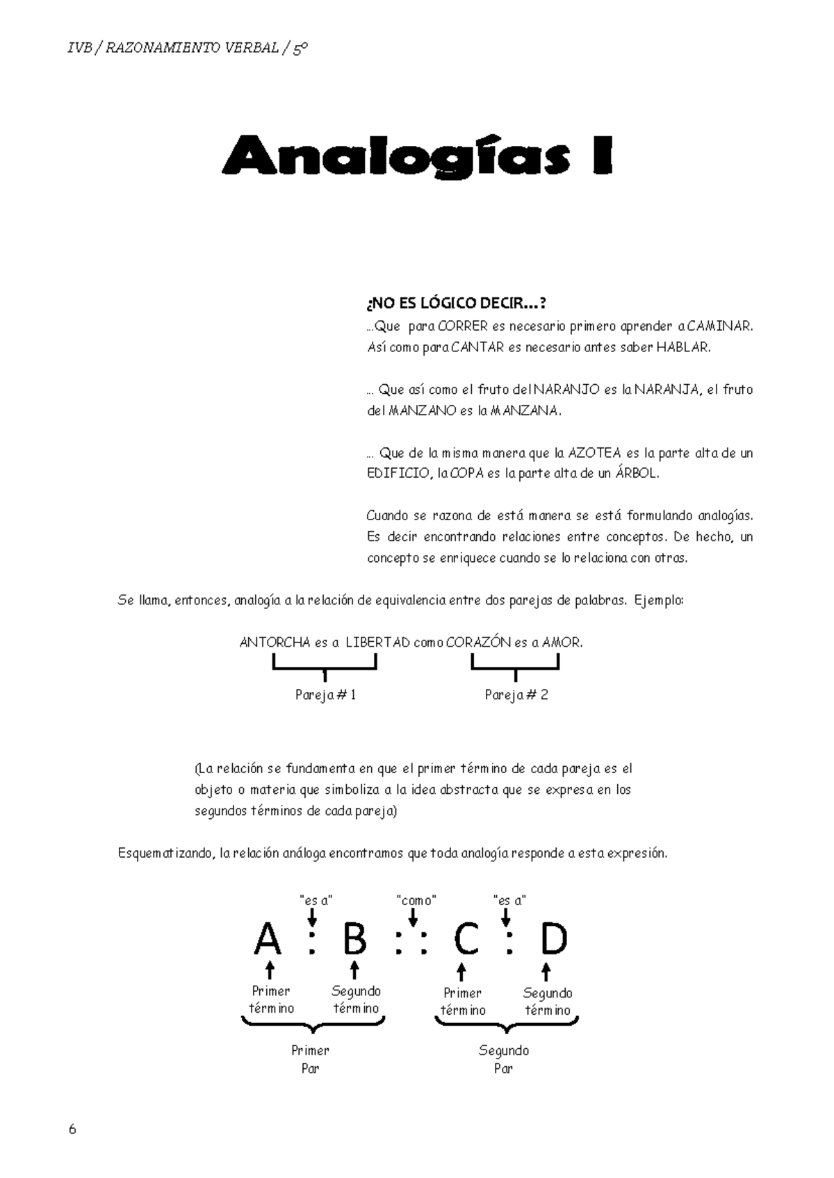 IV Bim - R.V. - 5to. año - Guía 1 - Analogías I - ¿NO ES LÓGICO DECIR...? .. para CORRER es ...