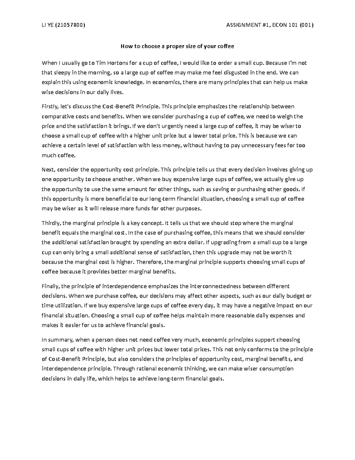 Assignment econ - LI YE ( 21057800 ) ASSIGNMENT #1, ECON 101 (00 1 ...
