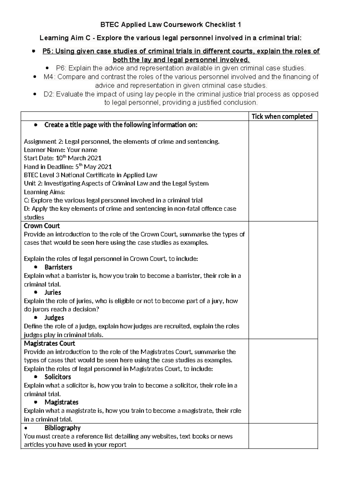 BTEC Applied Law Coursework Checklist 1 CD - BTEC Applied Law ...