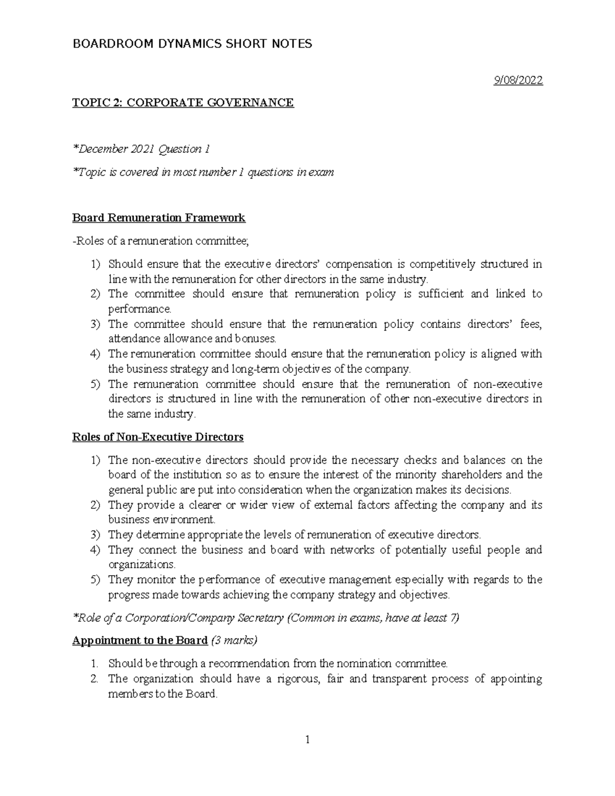 Boardroom Dynamics Short Notes - 9/08/ TOPIC 2: CORPORATE GOVERNANCE ...