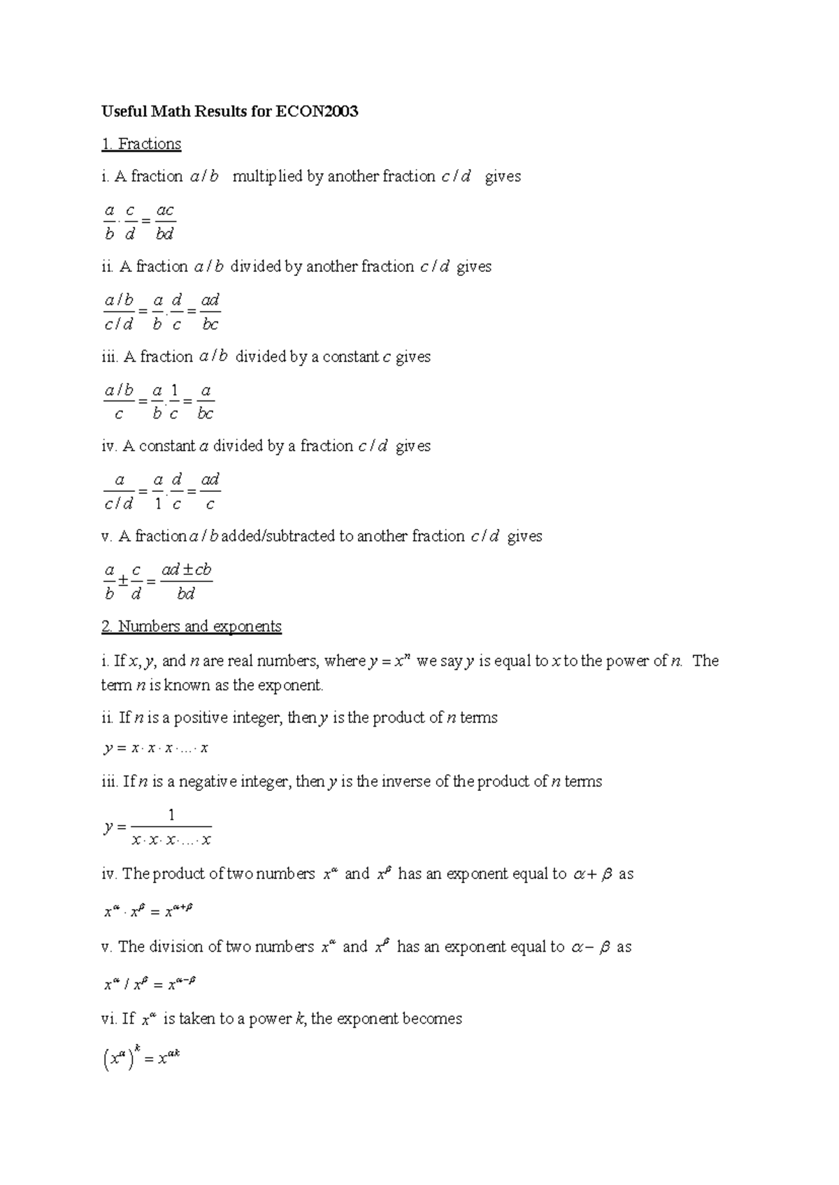 ECON2003 Useful Math - Useful Math Results for ECON20 03 Fractions i. A ...