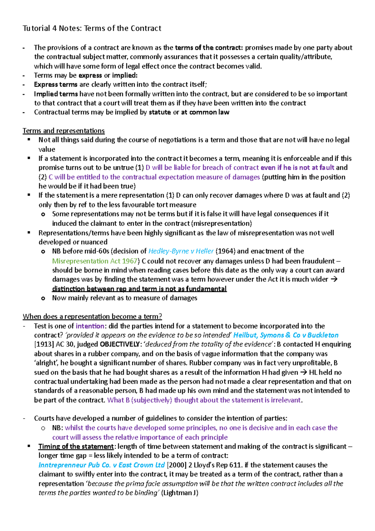 Terms of contracts - Tutorial 4 Notes: Terms of the Contract - The ...