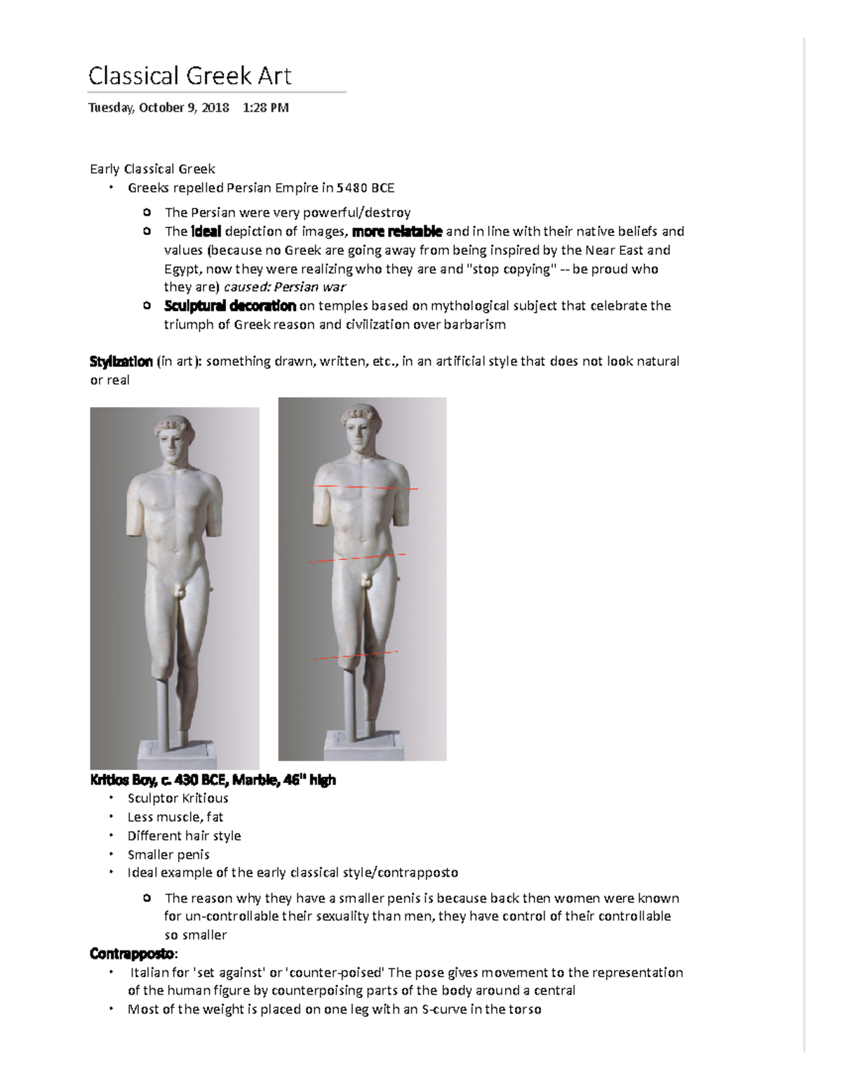 Classical Greek Art - Lecture notes 7 - Classical Greek Art Tuesday ...