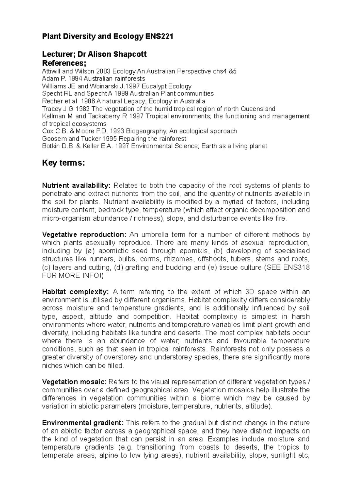 ENS221 Lecture Summary 10 - Plant Diversity and Ecology ENS Lecturer ...