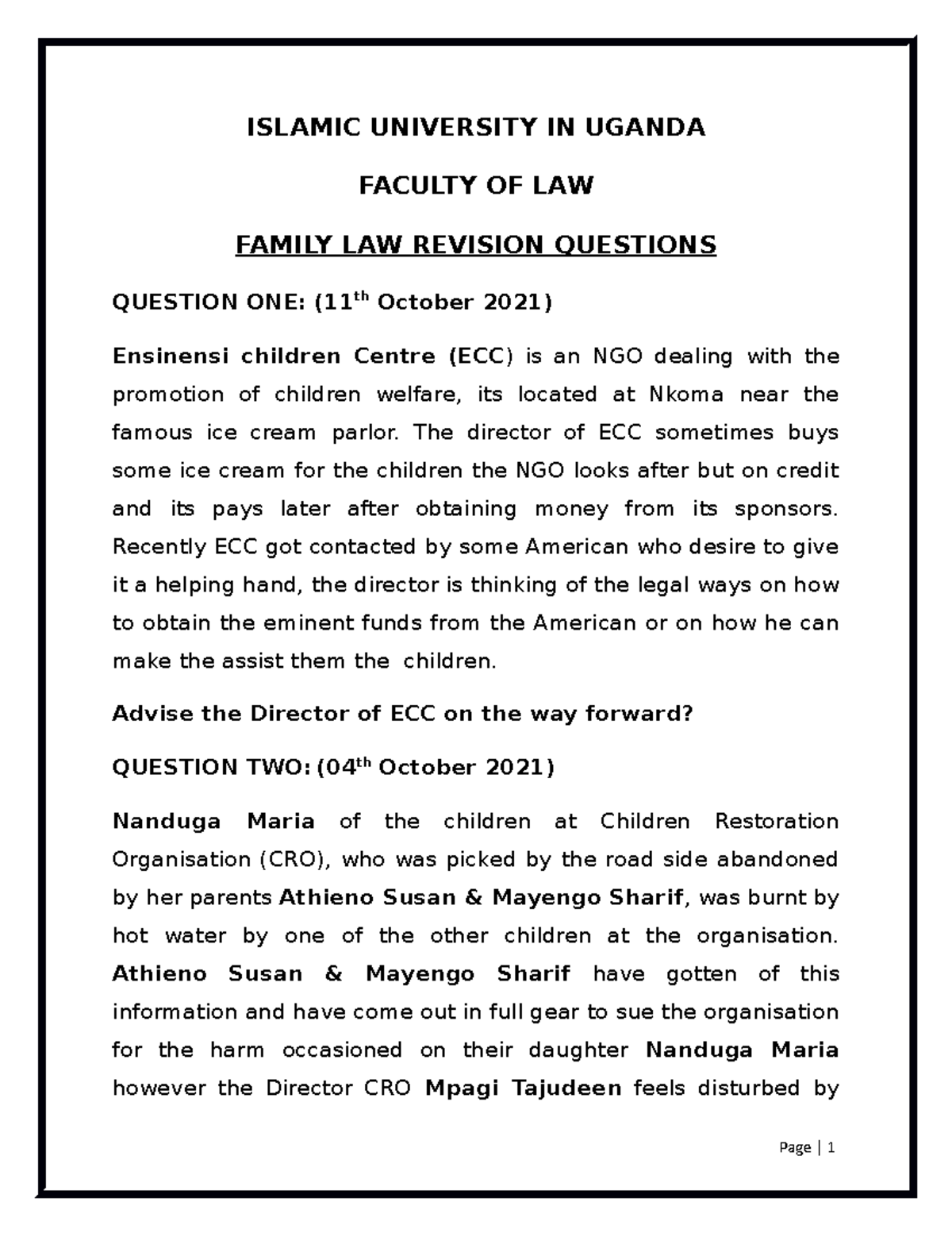 Family law revision questions - ISLAMIC UNIVERSITY IN UGANDA FACULTY OF ...