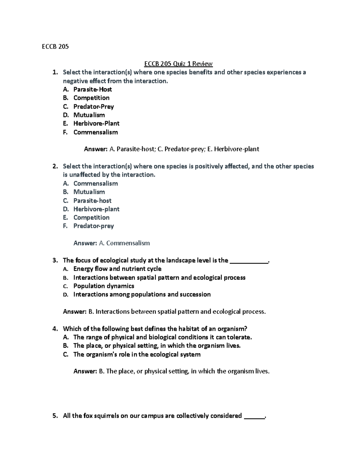 ECCB 205 Quiz 1 Review - Quiz 1 for the course Fundamentals of Ecology ...
