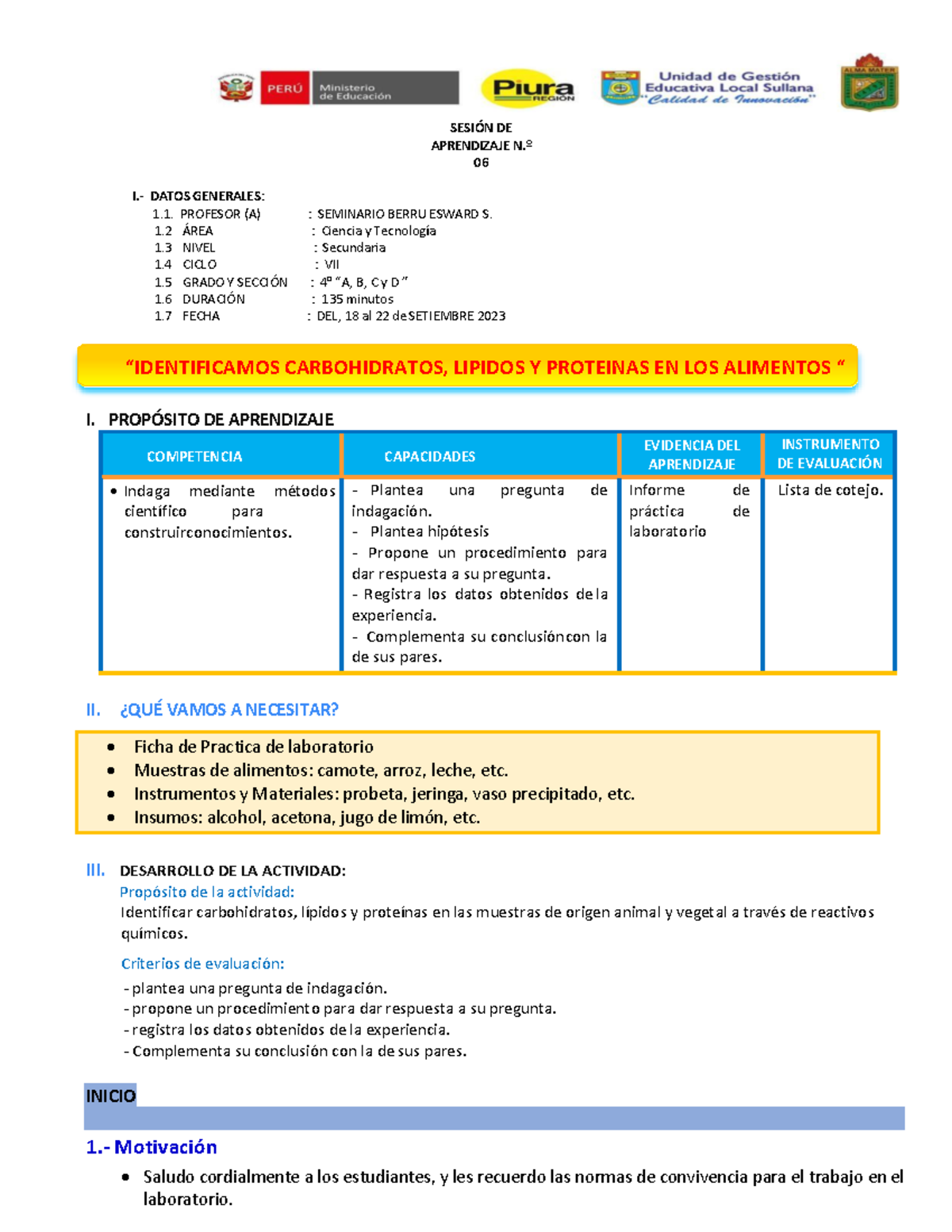 EXP. 6 - Sesion N° 1- Identificamos Carbohidratos, Lipidos Y Proteinas ...