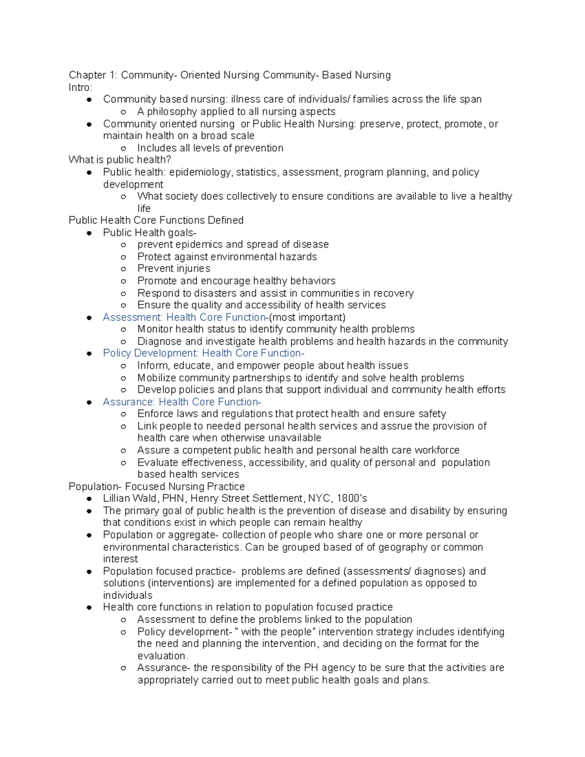 Exam One - Lecture notes b - Chapter 1: Community- Oriented Nursing ...
