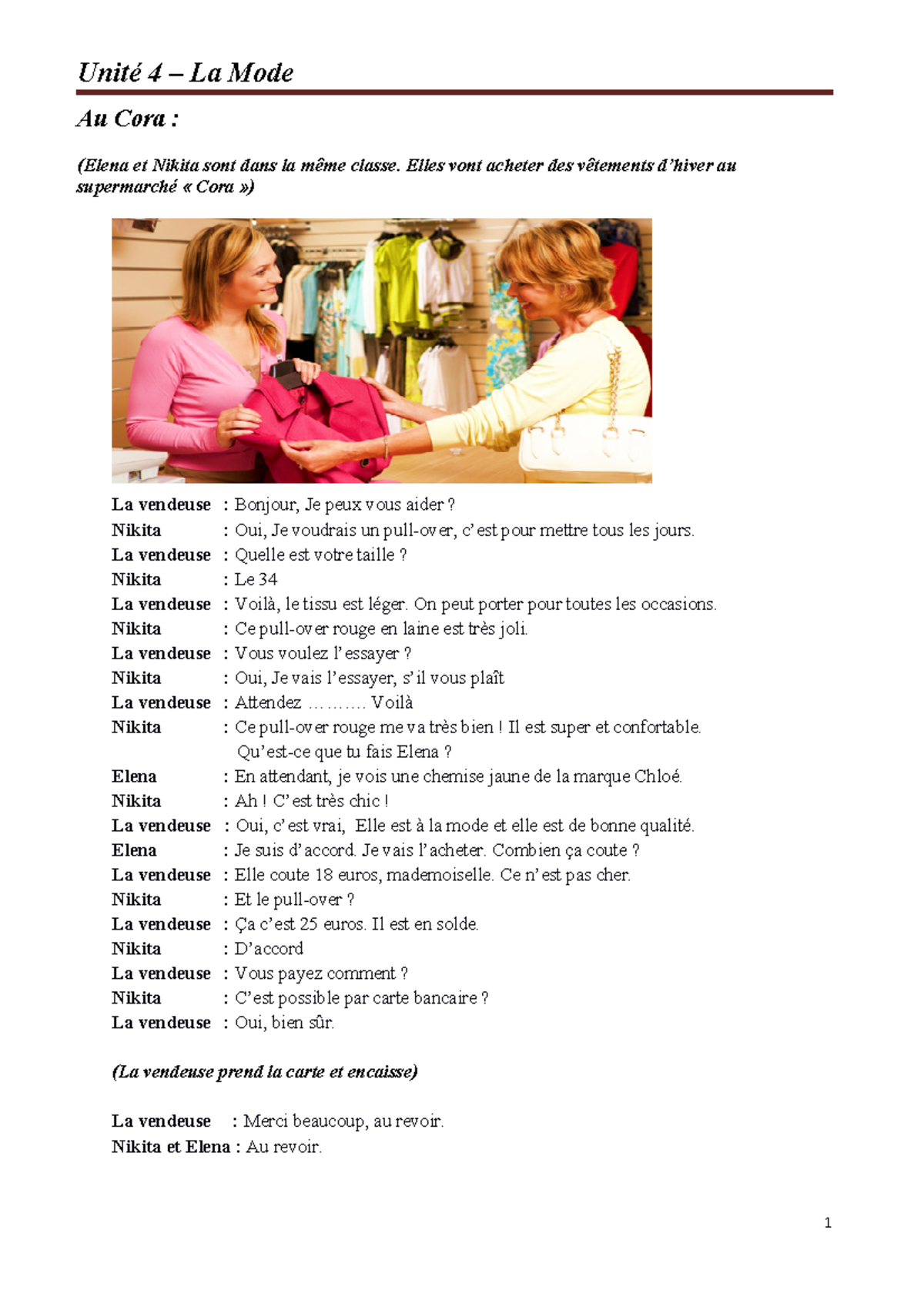 French UNIT-4 Textbook - Au Cora : (Elena et Nikita sont dans la même ...