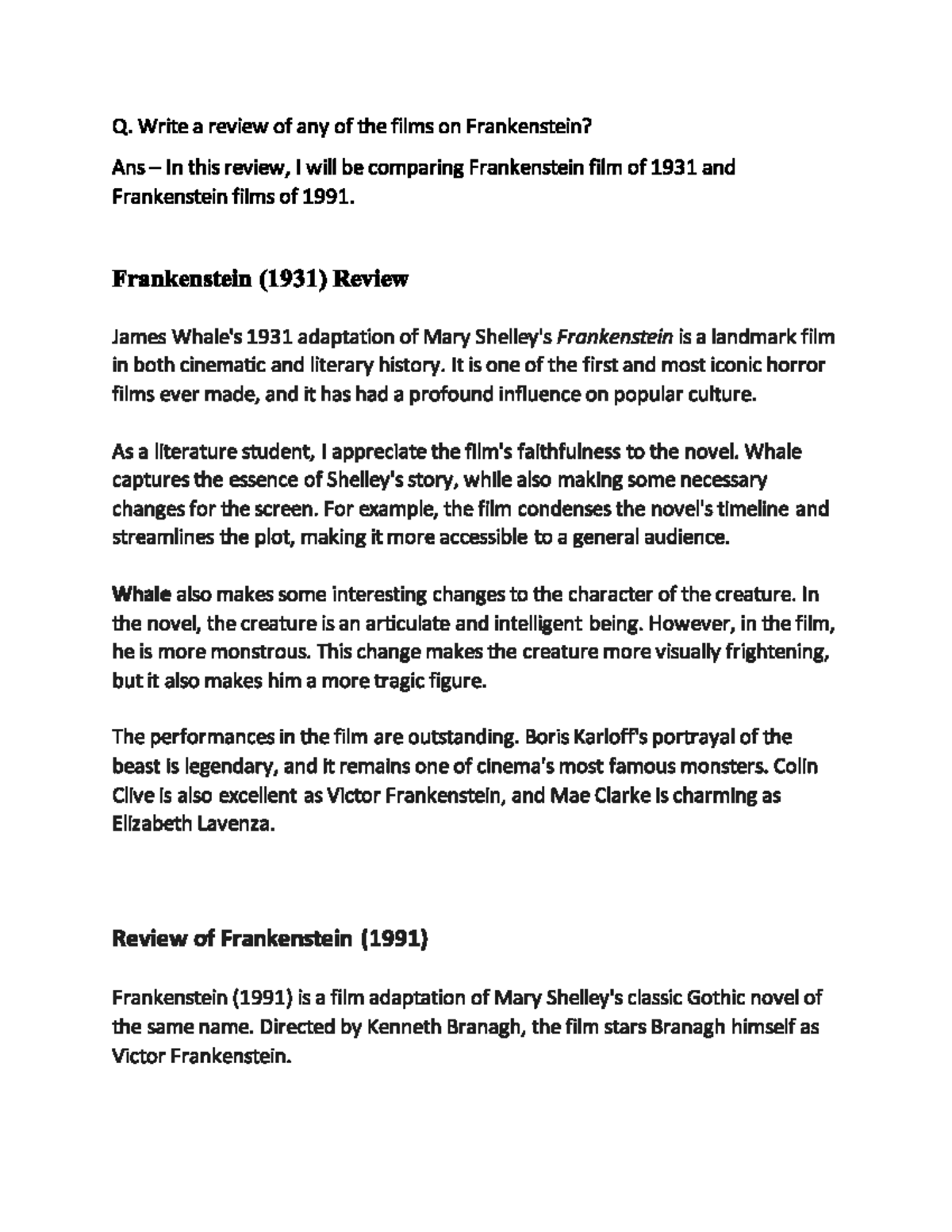 Frankenstein Assignment - Studocu