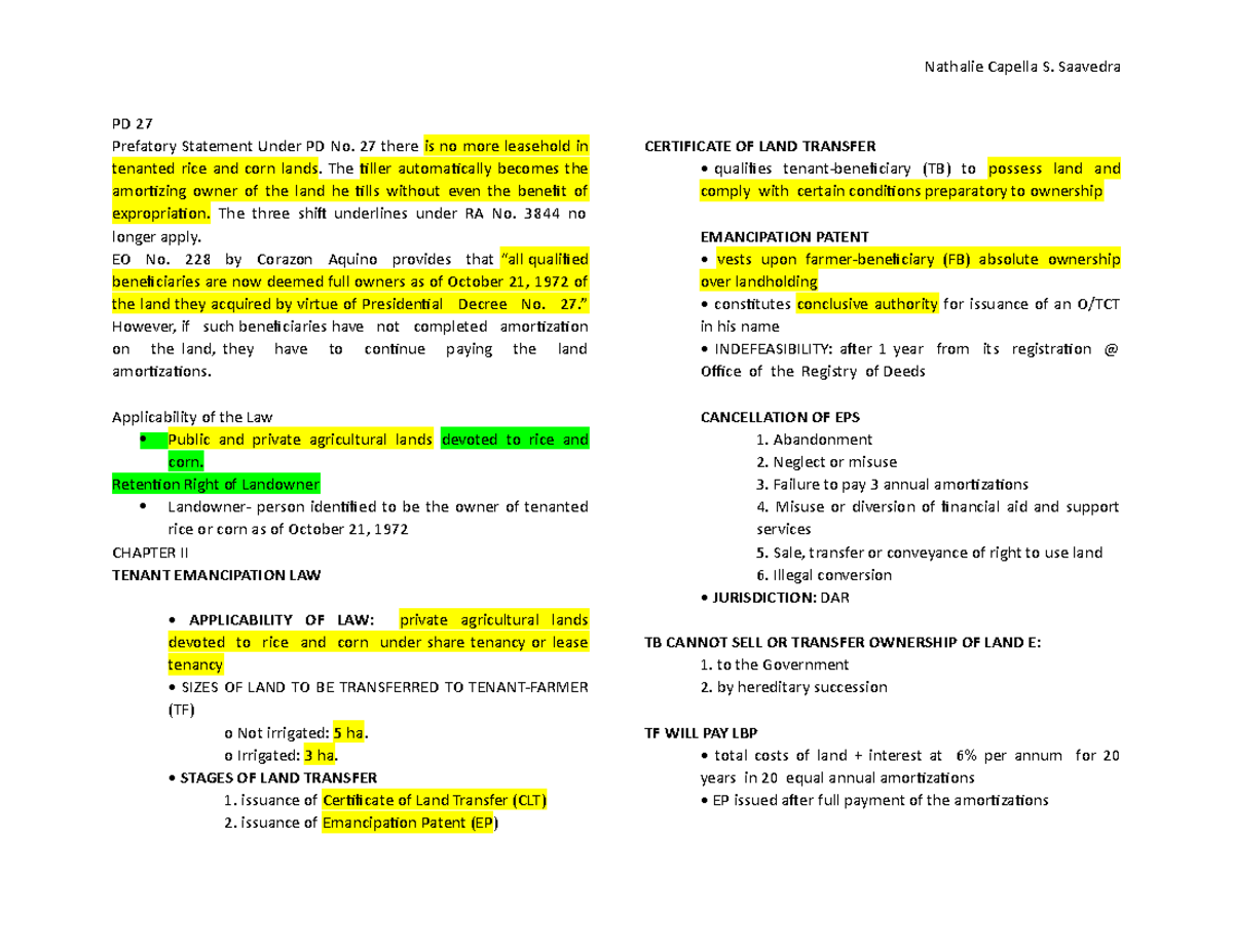 PD 27 - Agrarian Law and Social Legislation Notes - PD 27 Prefatory ...
