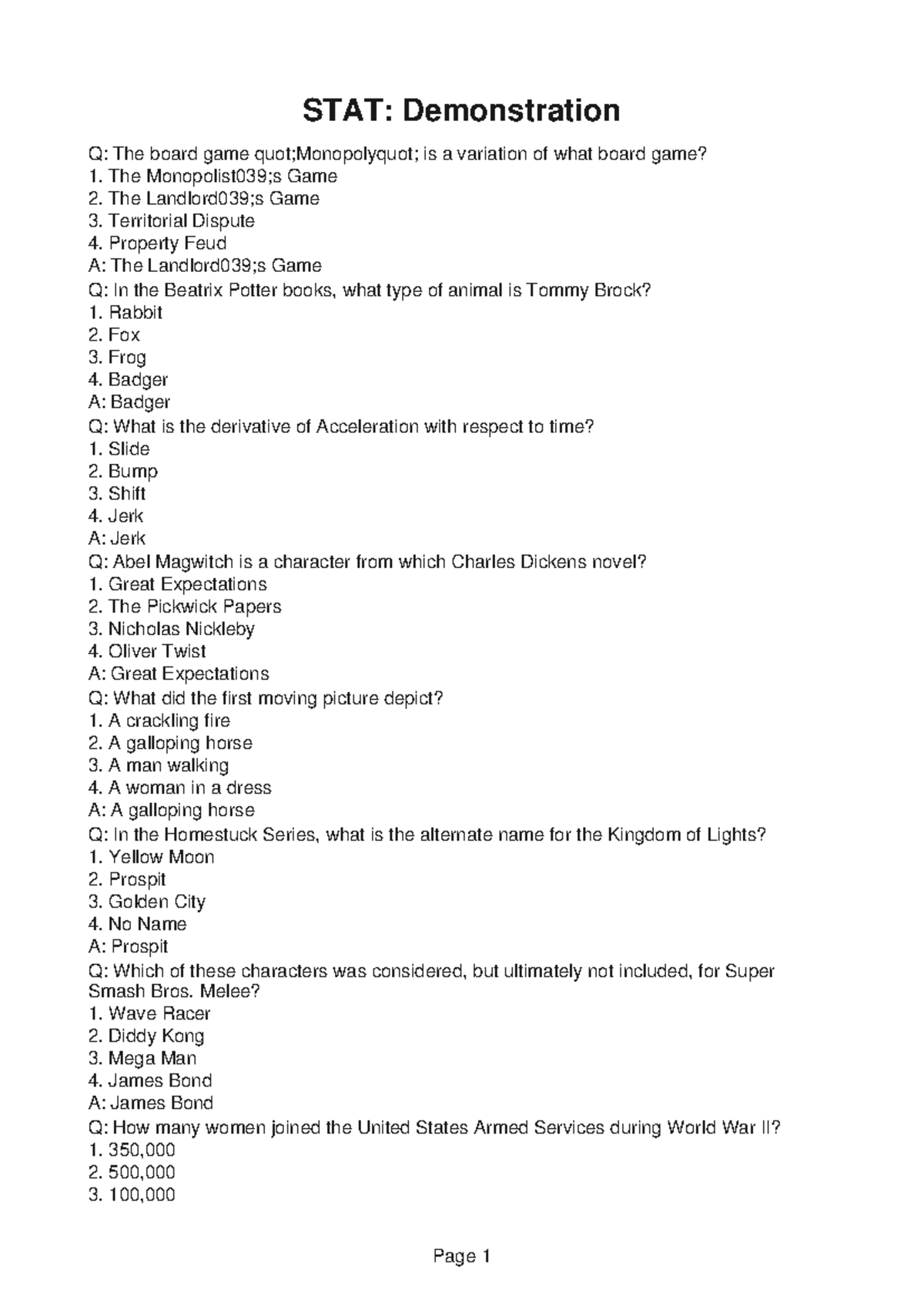 STAT260 Handout 7 - STAT: Demonstration Q: The board game quot ...