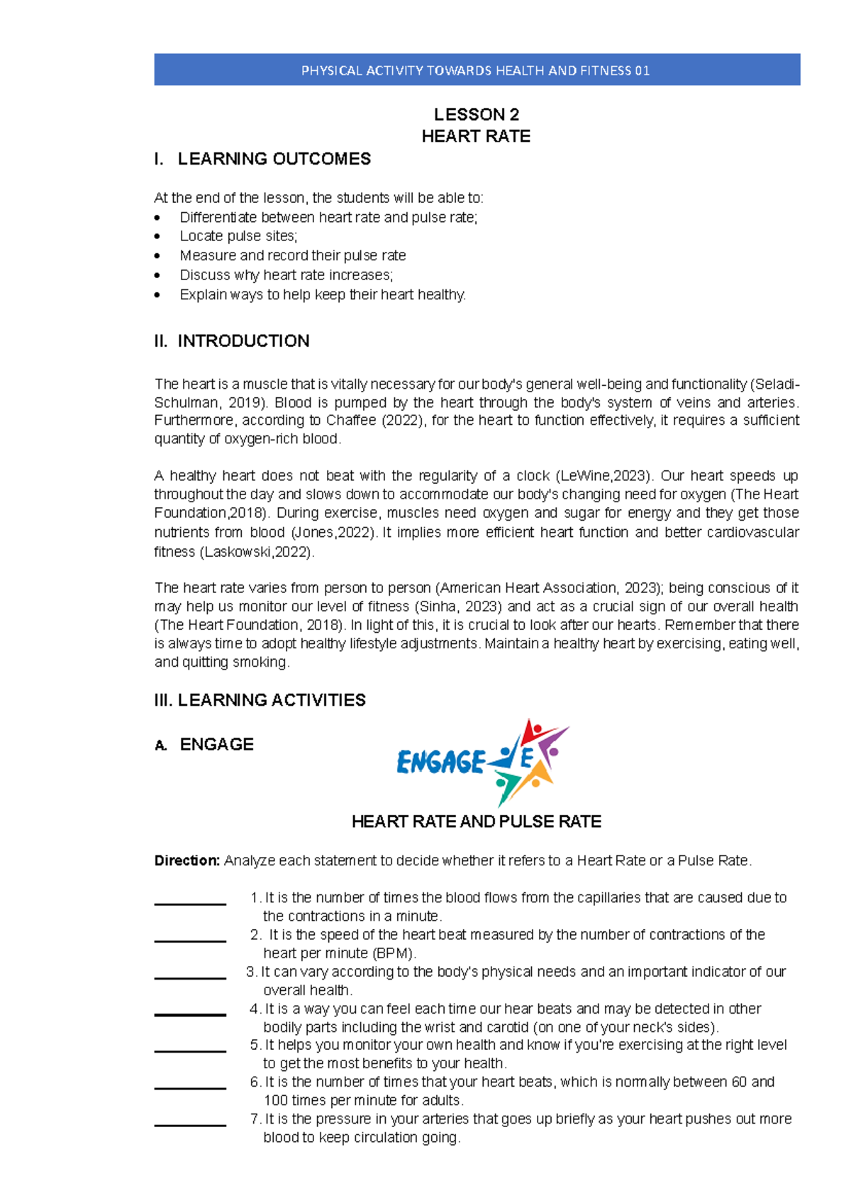 UNIT 1 Lesson 2 - Help us to improve our fitness - LESSON 2 HEART RATE ...